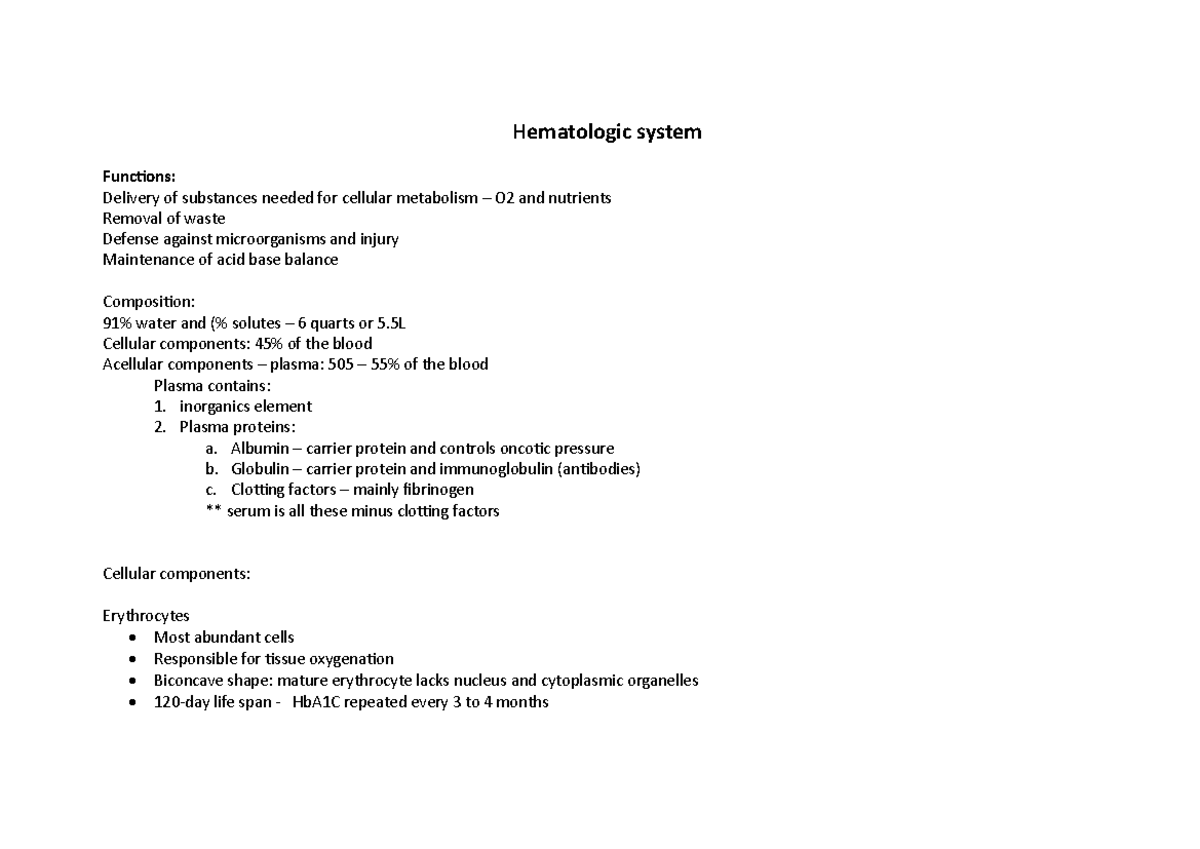 Haematology Patho Notes Compilation - Hematologic system Functions ...