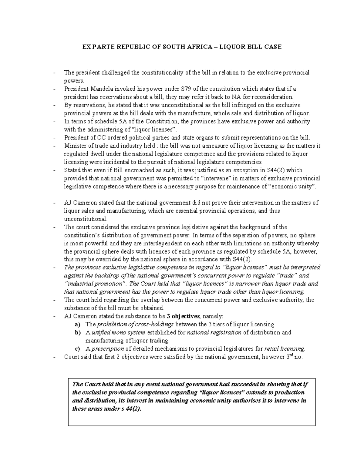 Liquor Bill Case Summary - EX PARTE REPUBLIC OF SOUTH AFRICA – LIQUOR ...