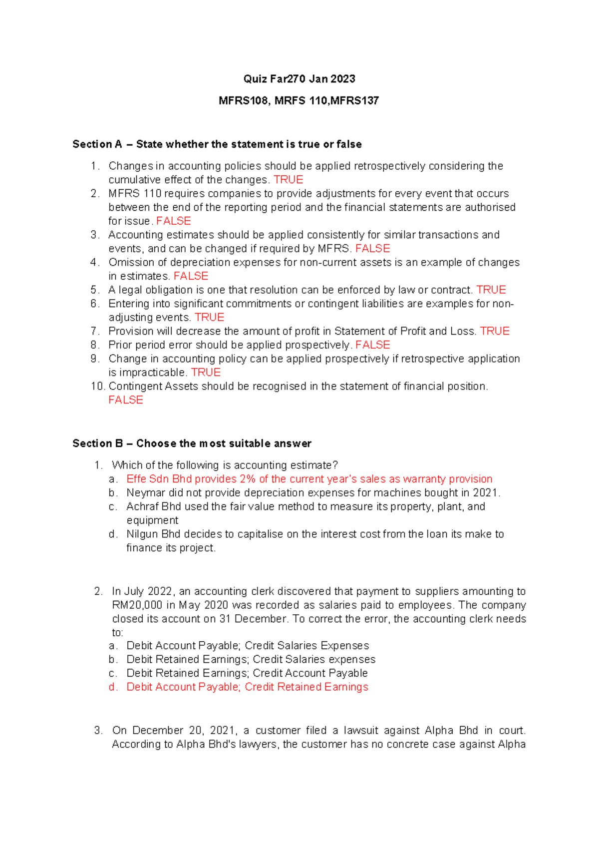 QUIZ FAR27 0 JAN 2023 vetted - Quiz Far270 Jan 2023 MFRS108, MRFS 110 ...