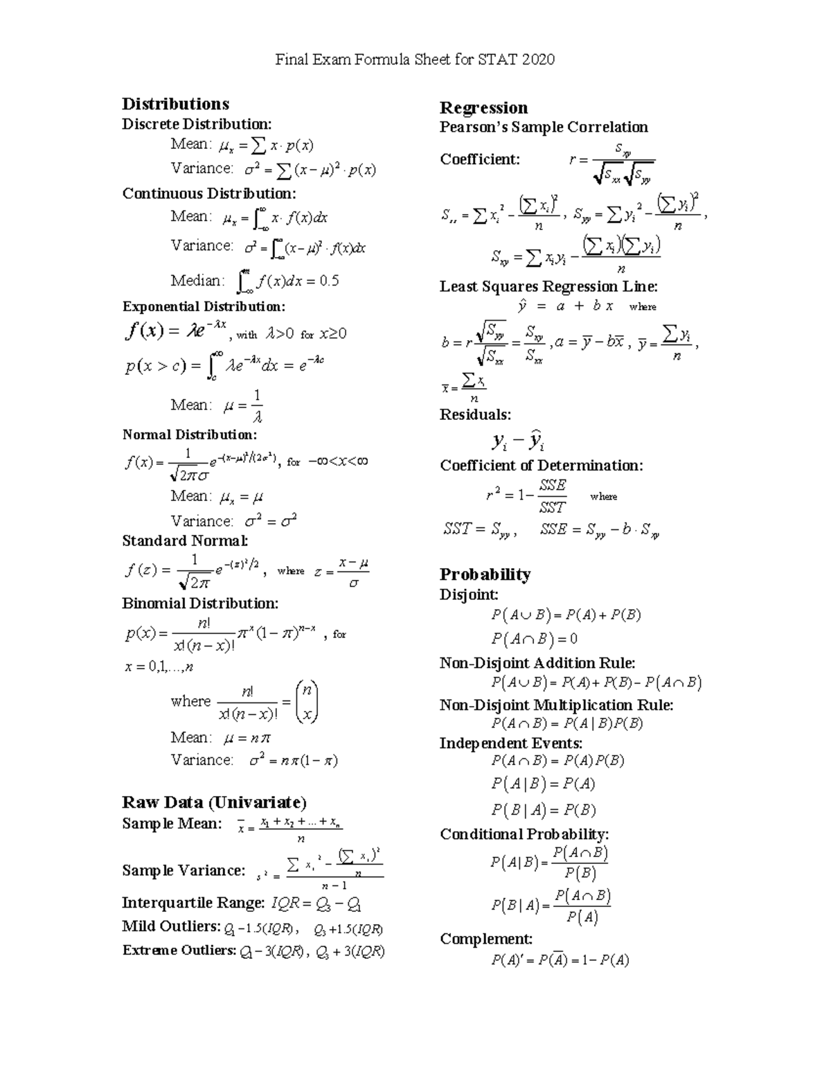 Final exam formula sheet post-1 - Final Exam Formula Sheet for STAT 2020 Distributions Discrete ...