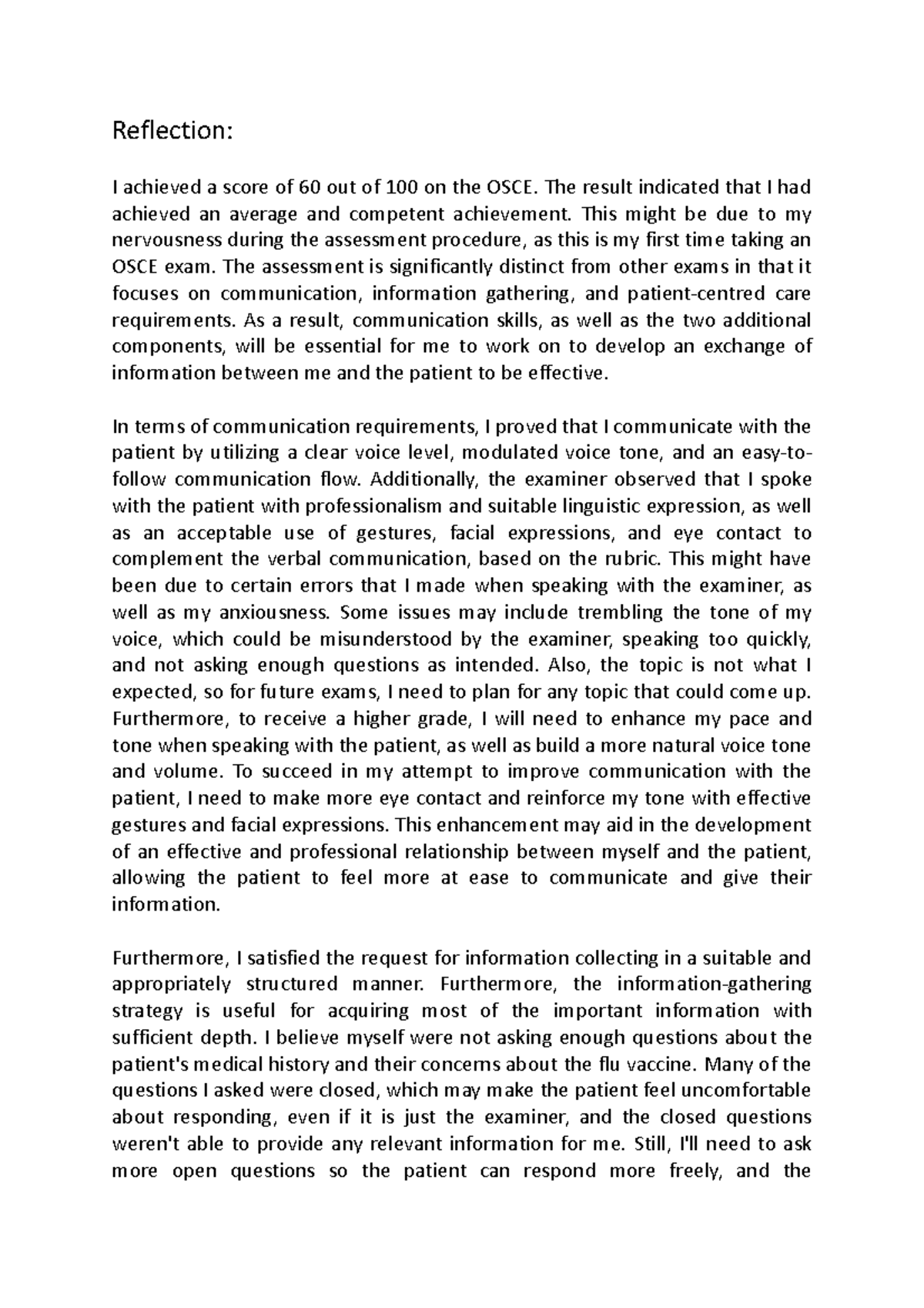 Osce Reflection The Osce Relection For Osce Reflection I Achieved A Score Of 60 Out Of 100