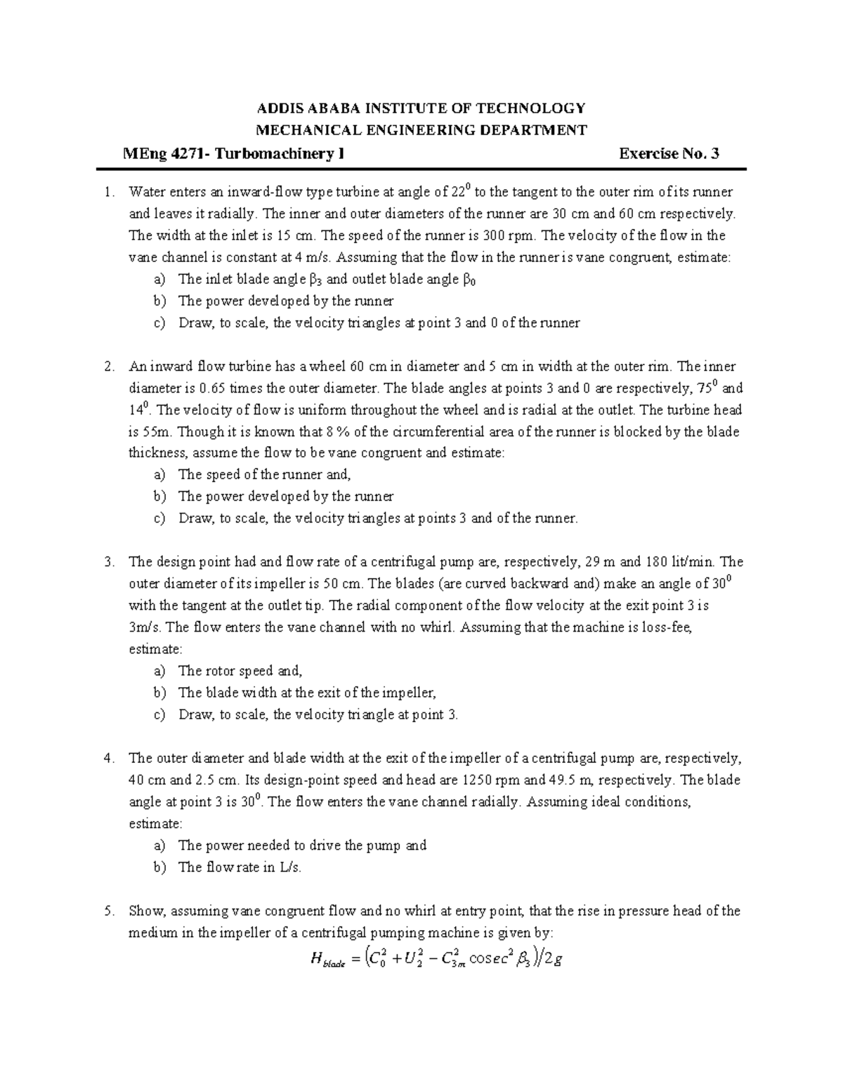 Exercise 3 - turbo - ADDIS ABABA INSTITUTE OF TECHNOLOGY MECHANICAL ...