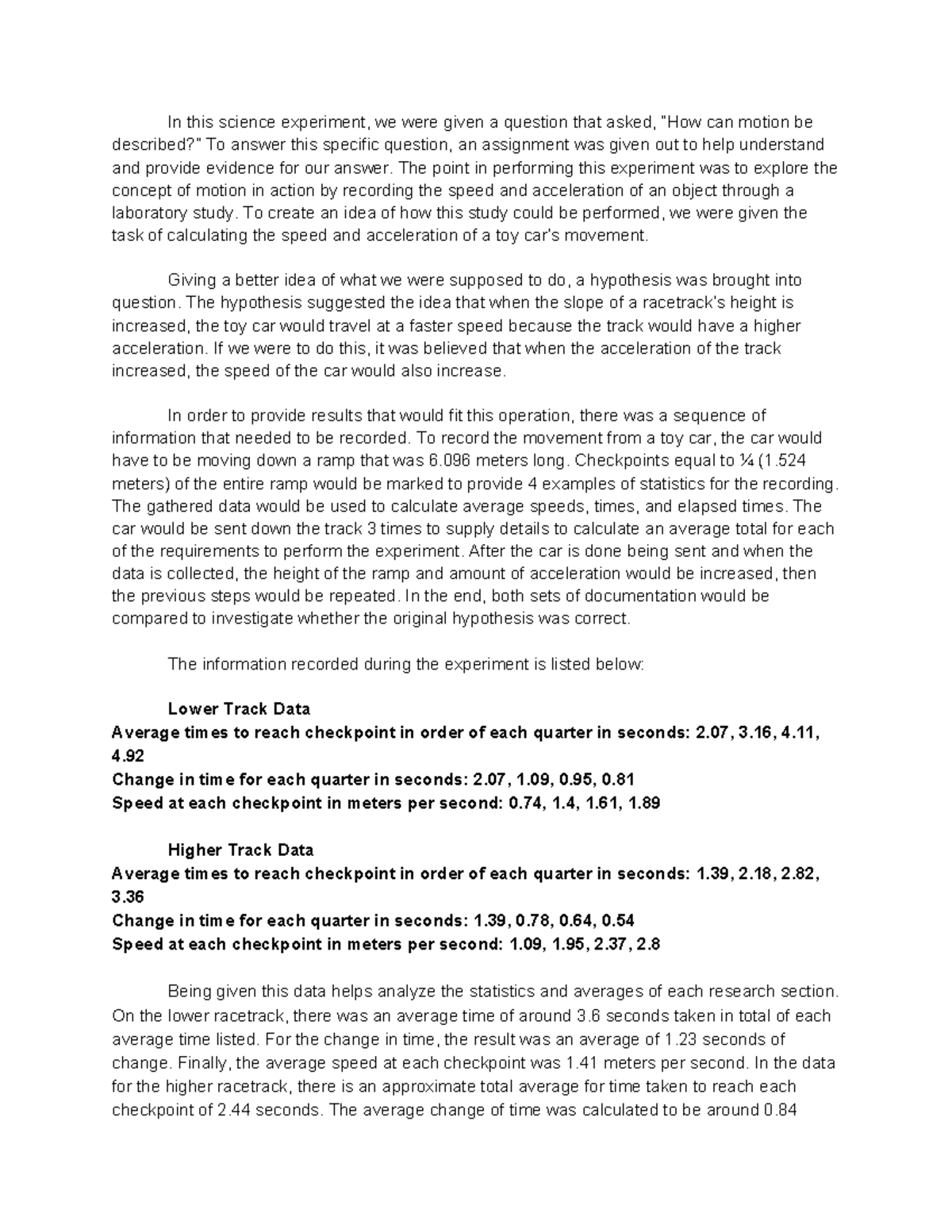 Toy Car Experiment - In this science experiment, we were given a ...