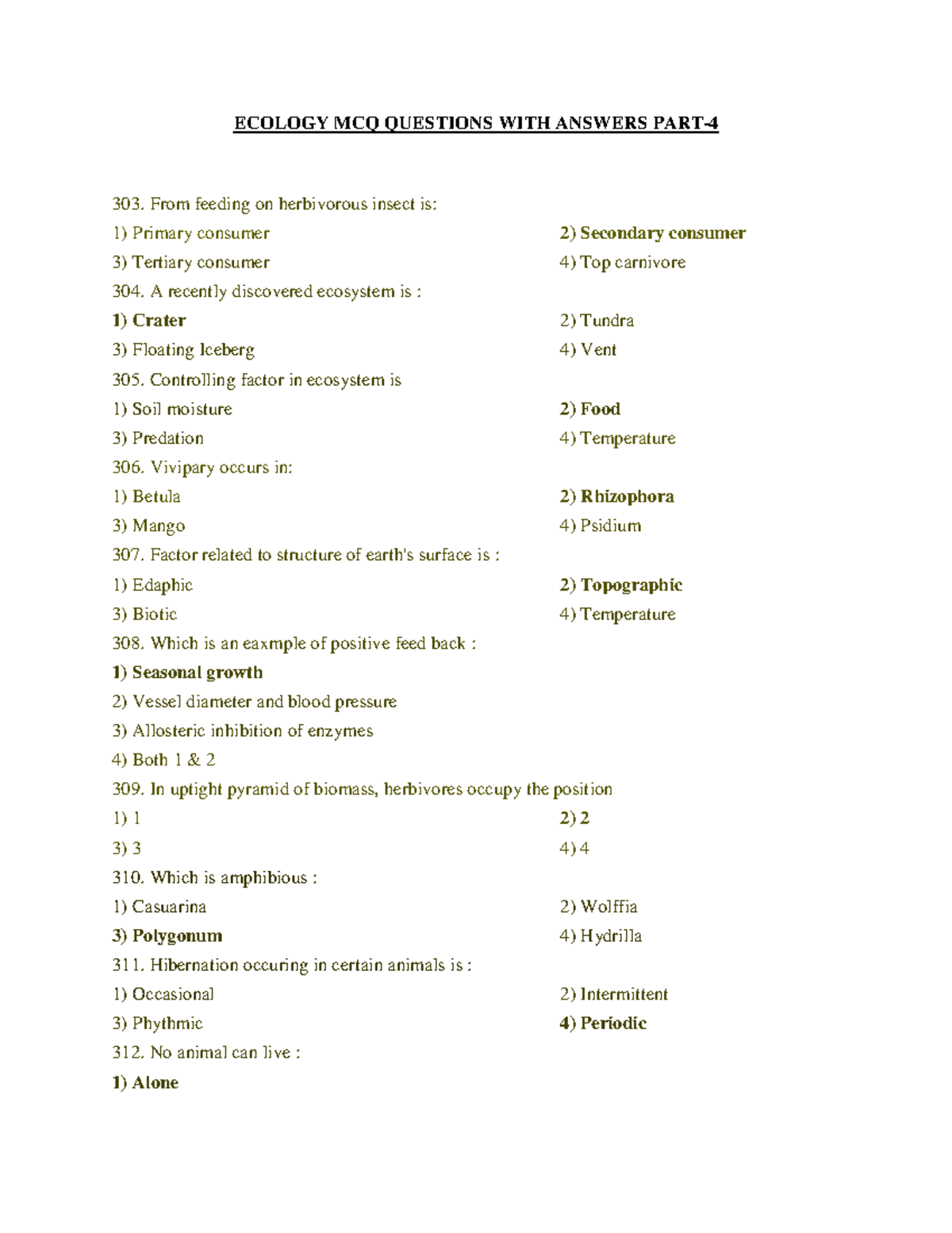 Ecology Practice Questions WITH Answers 4 - ECOLOGY MCQ QUESTIONS WITH ...