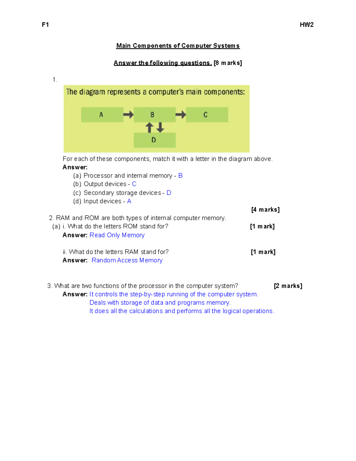 Mark Scheme-HW2 - N J JN JM - F1 HW Main Components of Computer Systems ...
