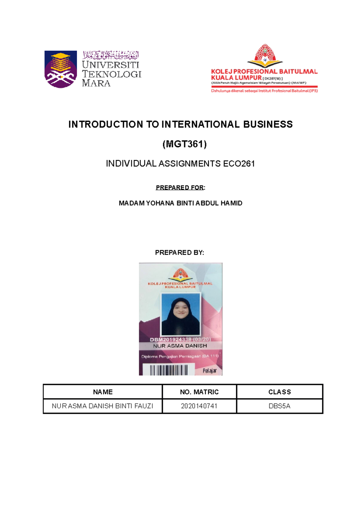 ECO261 Individual Assignments 3&4 (NUR ASMA Danish) - INTRODUCTION TO ...