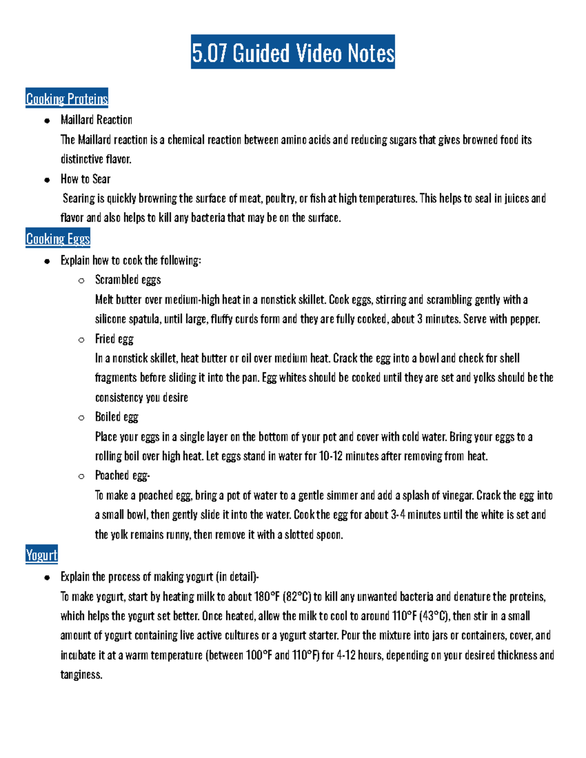 Copy of 5.07 Guided Notes - 5 Guided Video Notes Cooking Proteins ...
