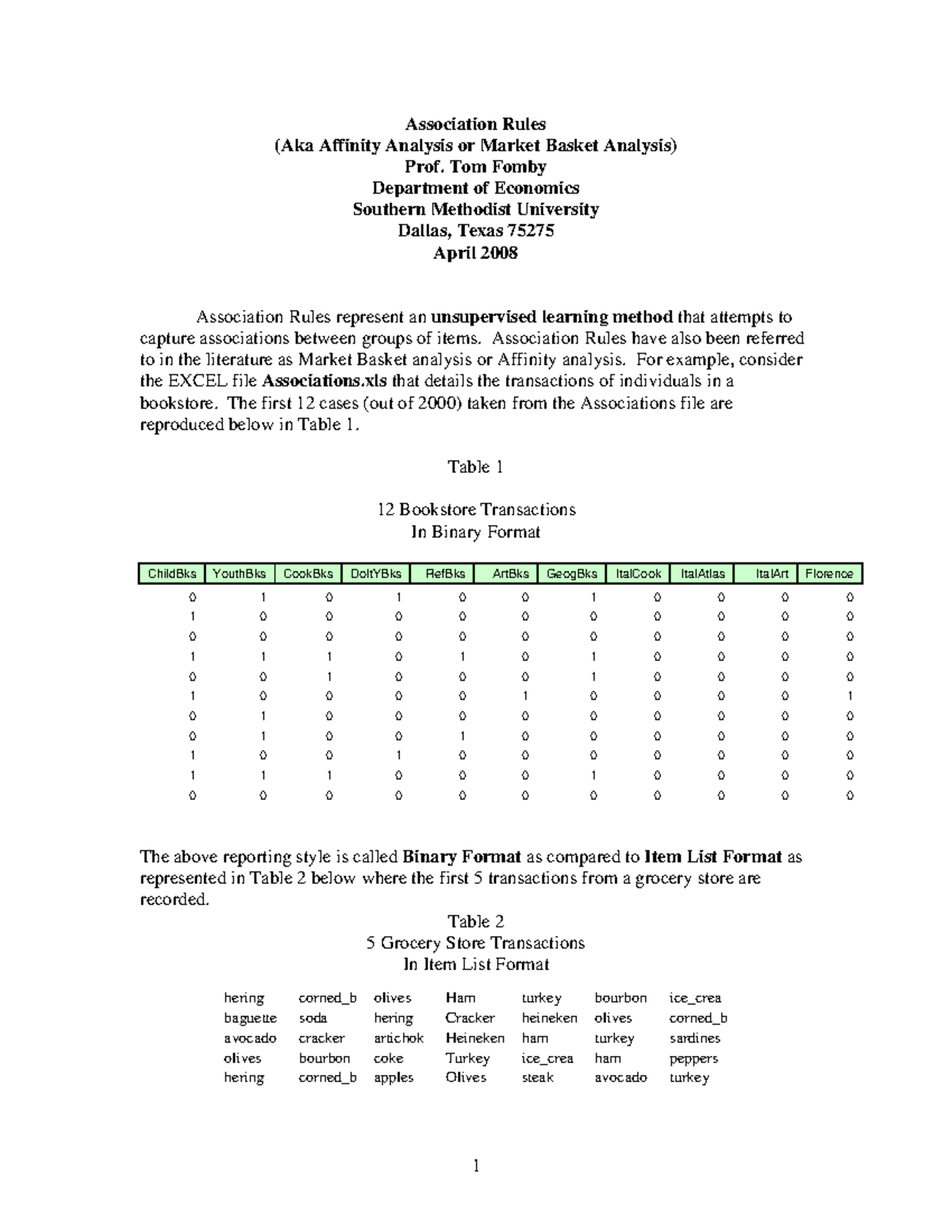 1 AR principles lecture notes i n class for - Association Rules (Aka ...