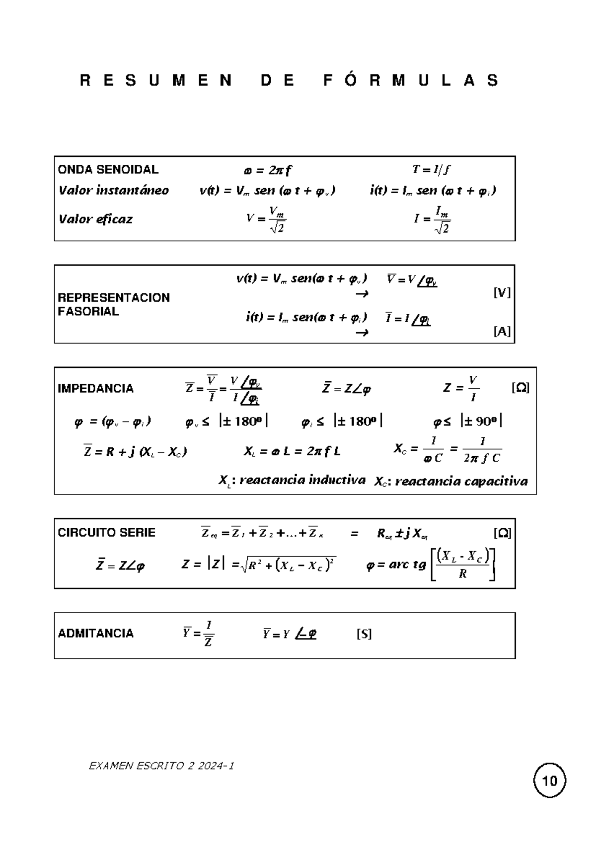 Formulario EE2 - dshbstr - EXAM EN ES CRI T O 2 2024 - 1 R E S U M E N D E F Ó R M U L A S ONDA ...
