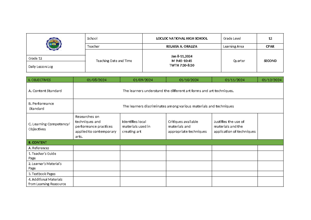 DLL. Materials - SAMPLE DLP - School LOCLOC NATIONAL HIGH SCHOOL Grade ...