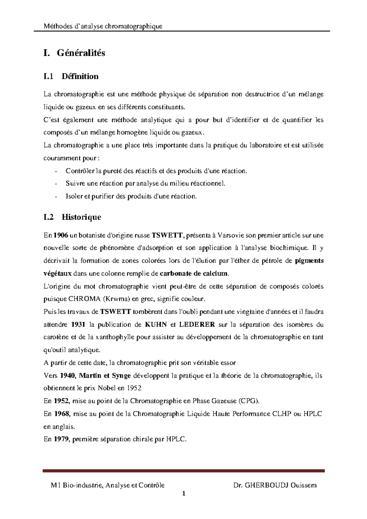 Méthodes d'analyse chromatographique - M1 Bio-industrie, Analyse et Contrôle Dr. GHERBOUDJ ...