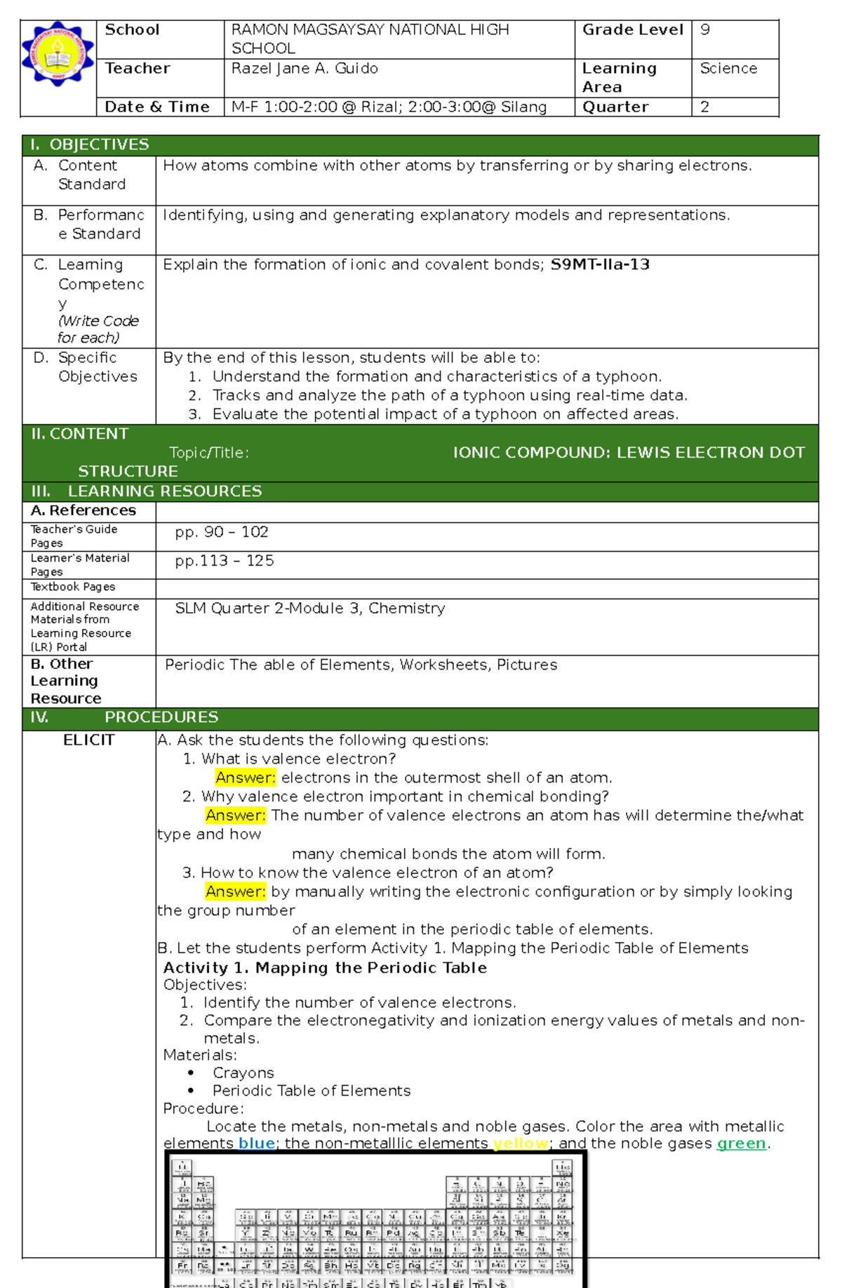 Sample Lesson Plan - School RAMON MAGSAYSAY NATIONAL HIGH SCHOOL Grade ...