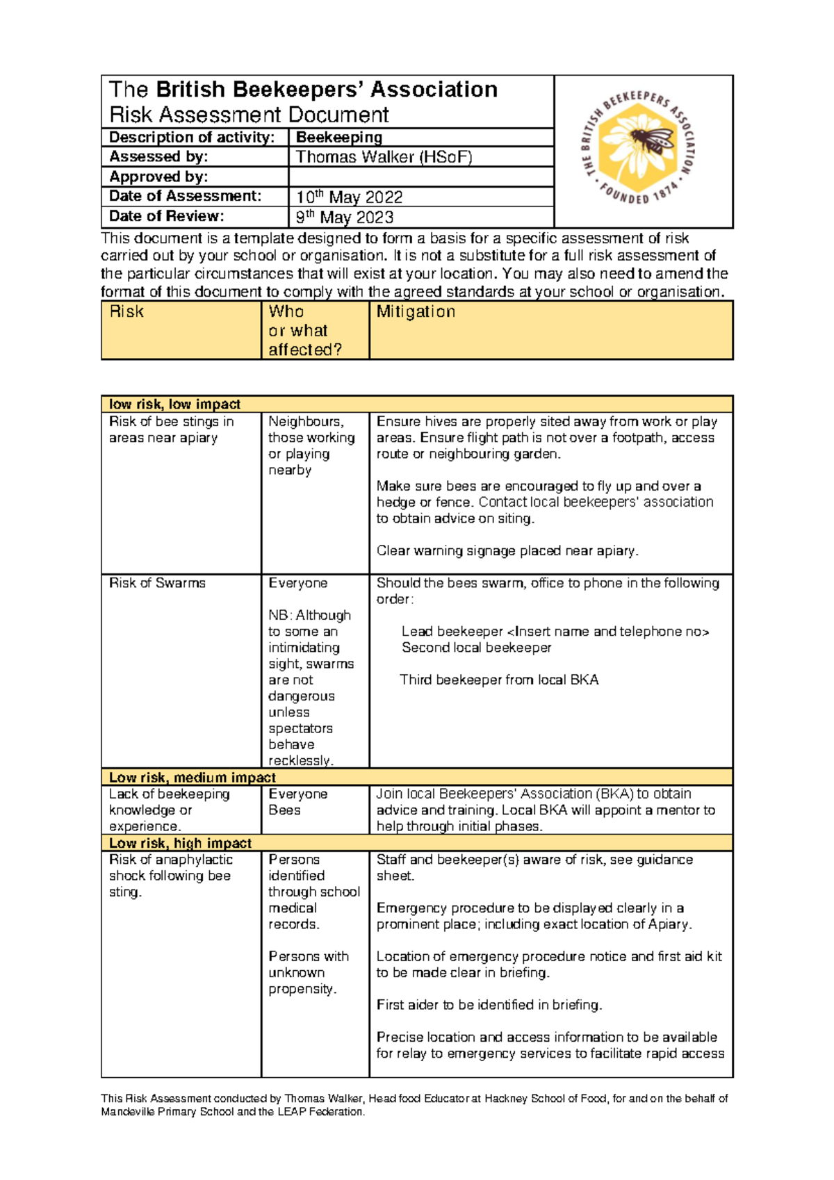 HSF BBKA Risk Assessment - Risk Assessment Document Description of ...