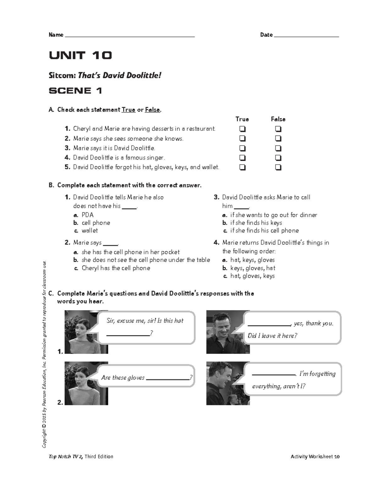 UNIT 10 TV Activity Worksheets 1 - Unit 10 Sitcom: That’s David ...