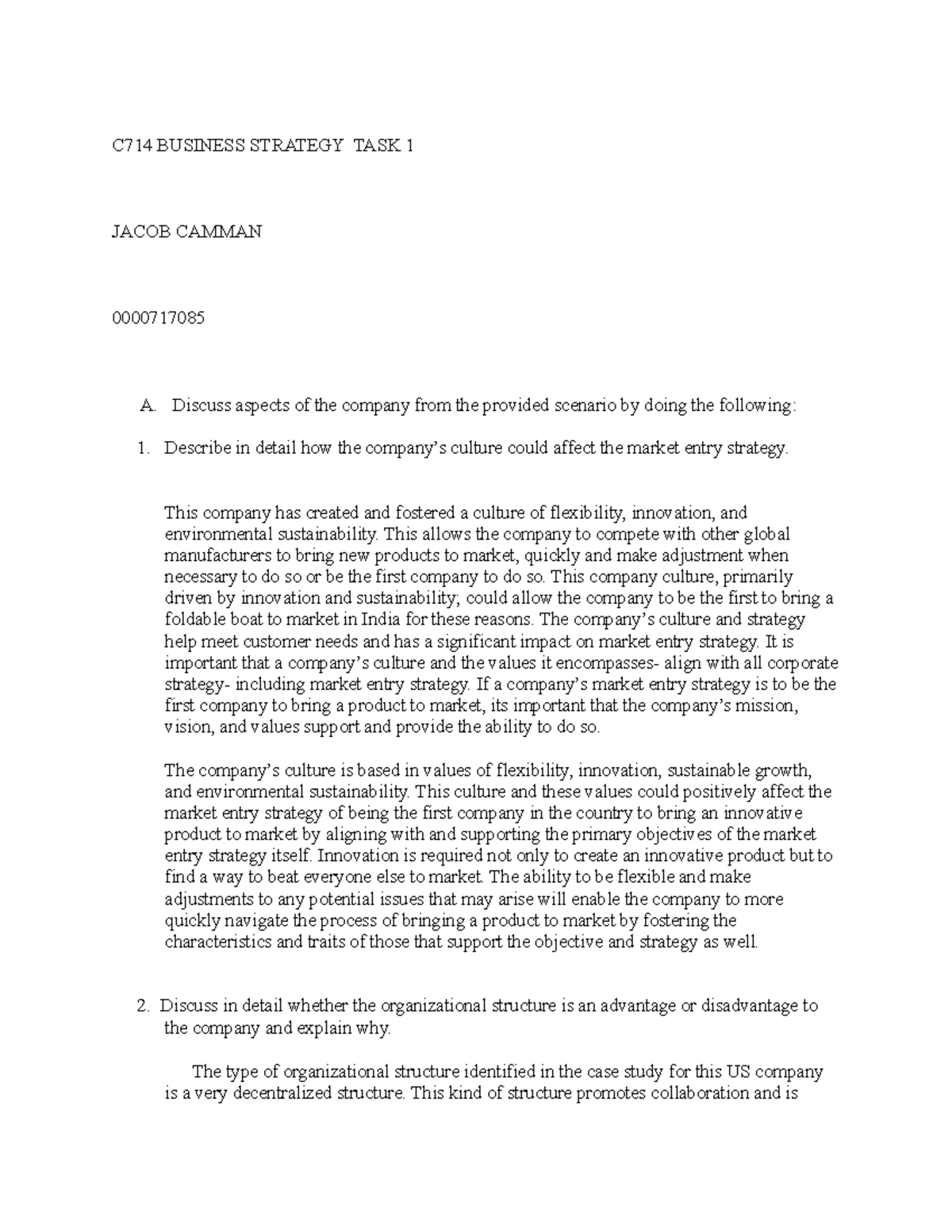 C714 TASK 1 Business Strategy Final - C714 BUSINESS STRATEGY TASK 1 ...