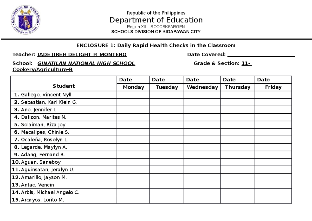 Rapid health check in classroom - Republic of the Philippines ...