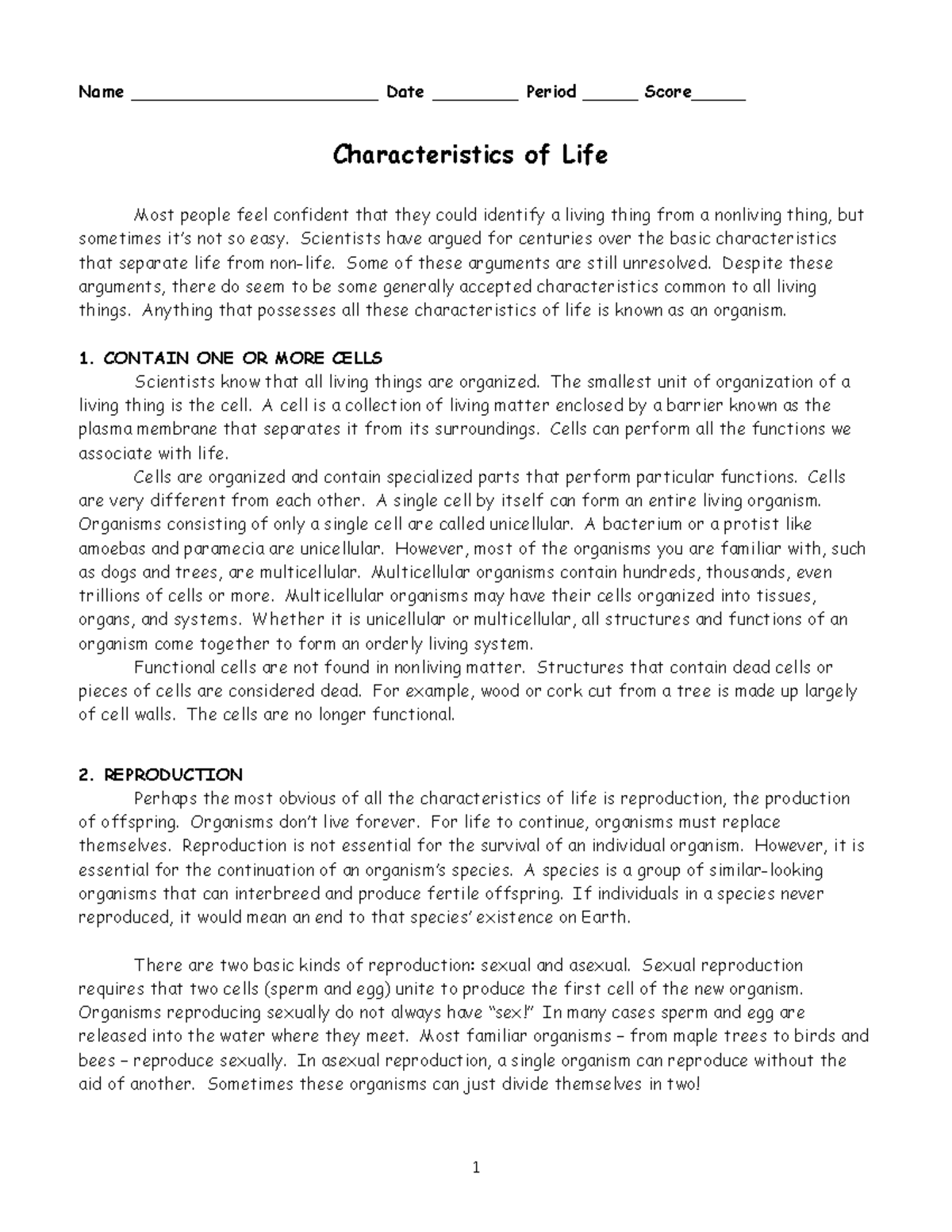 Characteristics of lifereview worksheet Passage - Name ...