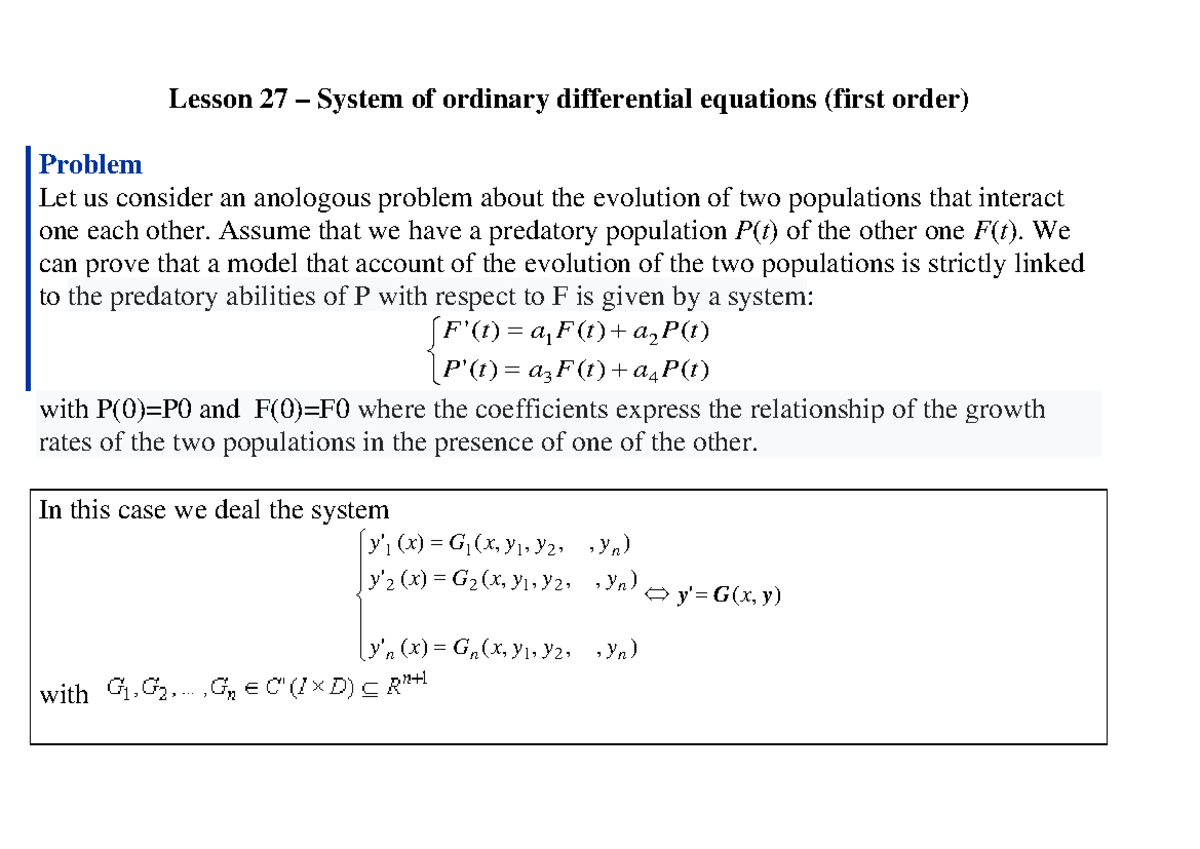 Lesson 27- System of ordinary differential equations - Lesson 27 ...