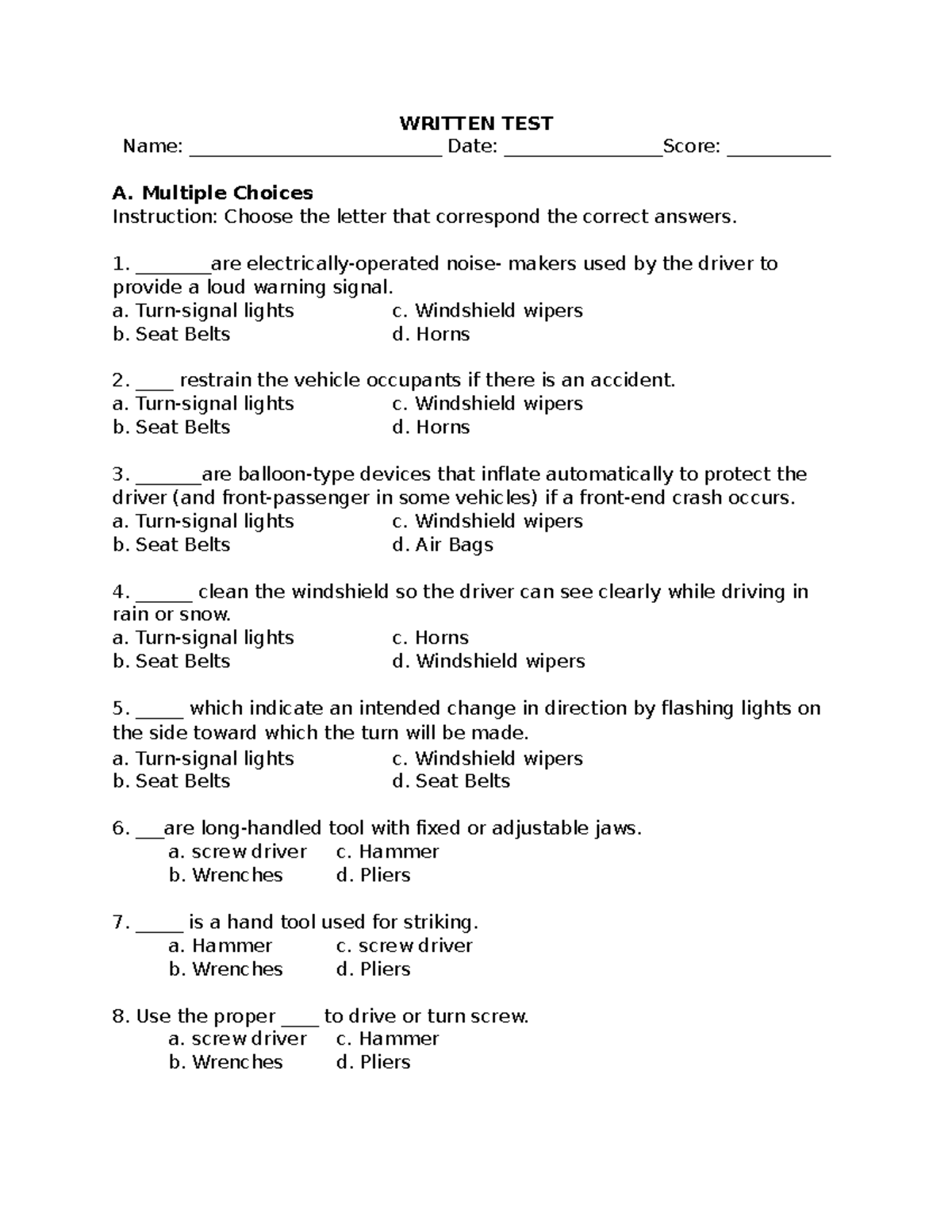 5- written test - examination assessment - WRITTEN TEST Name