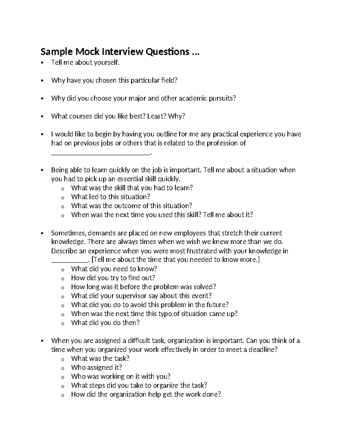 Sample Mock Interview Questions - .. Tell me about yourself. Why have ...