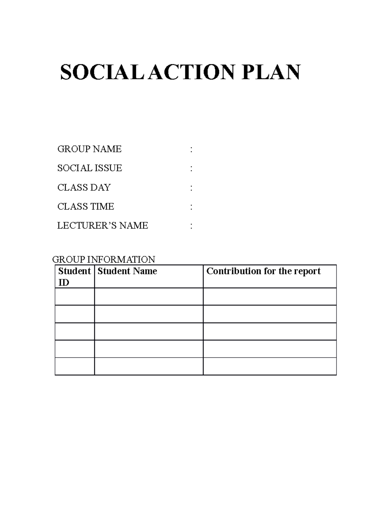 Action plan report template LTU - SOCIAL ACTION PLAN GROUP NAME ...