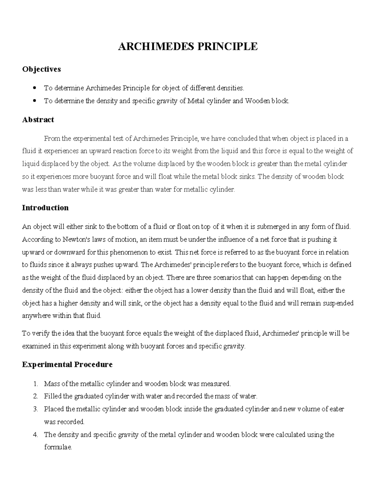 Archimedes Principle - To determine the density and specific gravity of ...