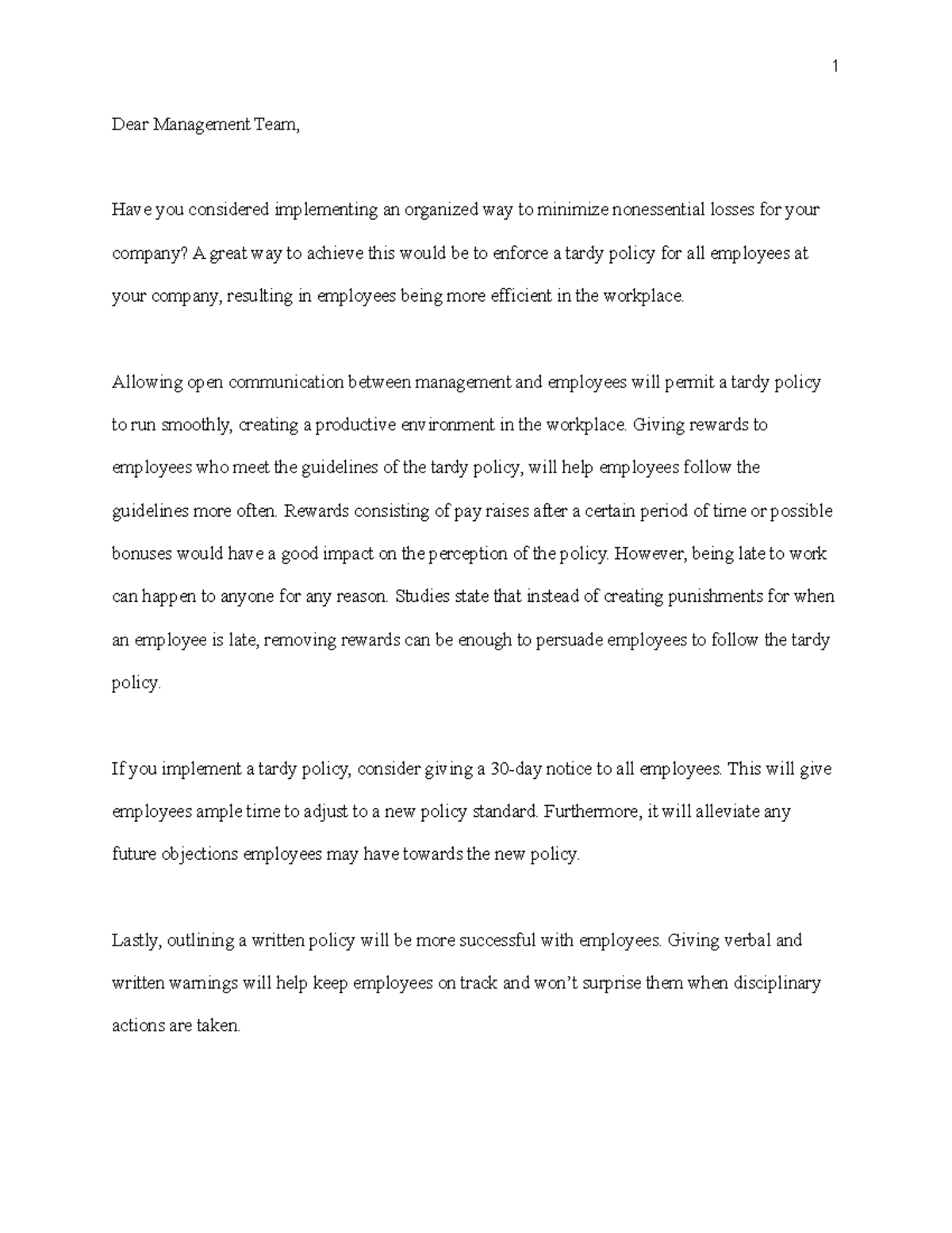 Final of Business Proposal - COMM 1140 - 1 Dear Management Team, Have ...