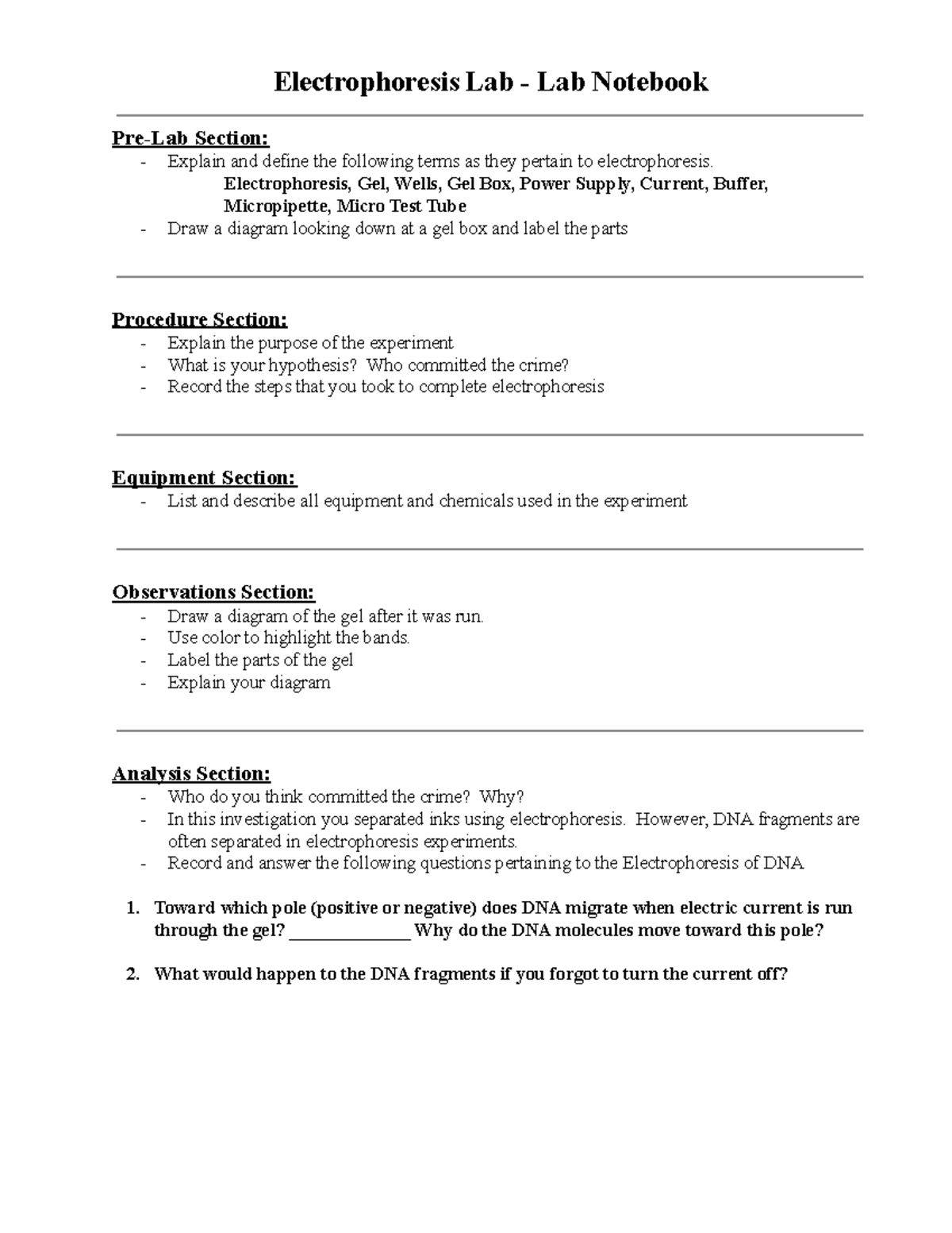 Electrophoresis Lab Notebook - Electrophoresis Lab - Lab Notebook Pre ...