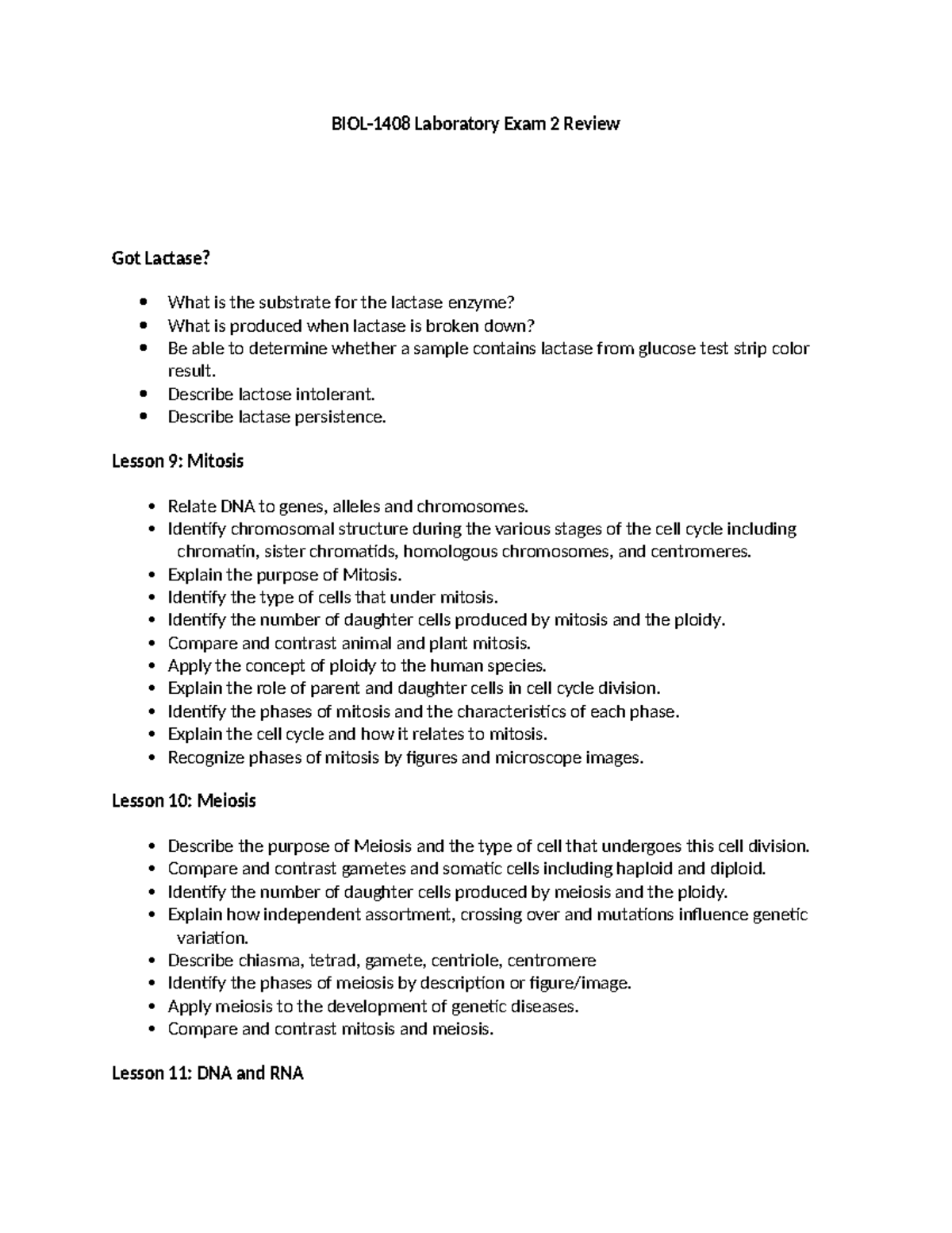 Review Study Guide for Biol 1408 Lab Exam 2 - BIOL-1408 Laboratory Exam 2 Review Got Lactase ...