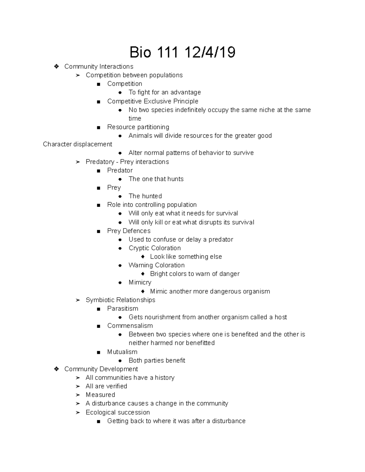 Bio 111 12 4 19 - Notes from Dr. Watkins Bio 111 class. - Bio 111 12/4 ...