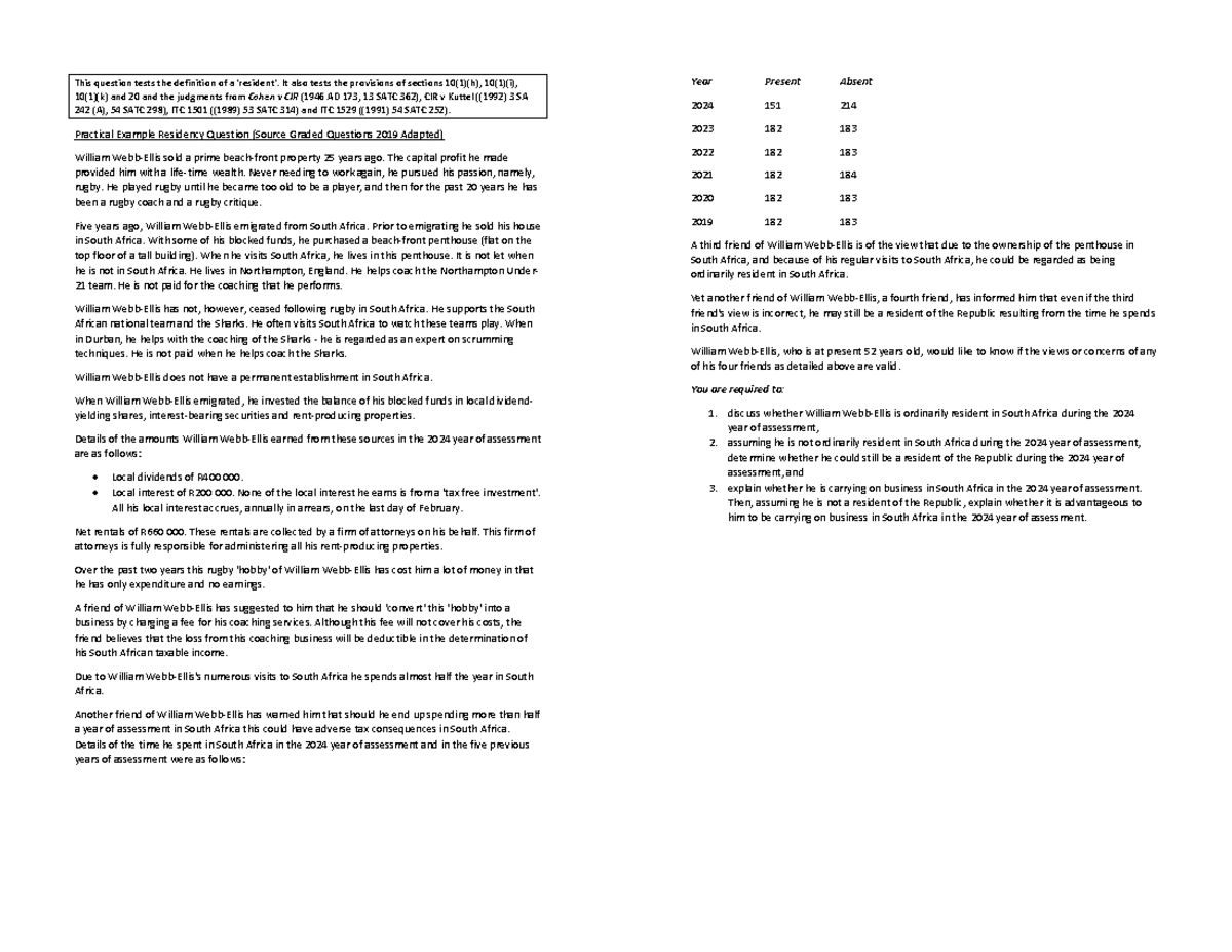 9. TXA201 Practical Example Residency Question - This question tests ...