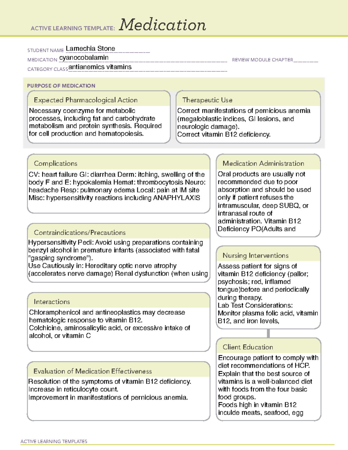 Cyanocobalamin vitamin b12 - ACTIVE LEARNING TEMPLATES Medication ...