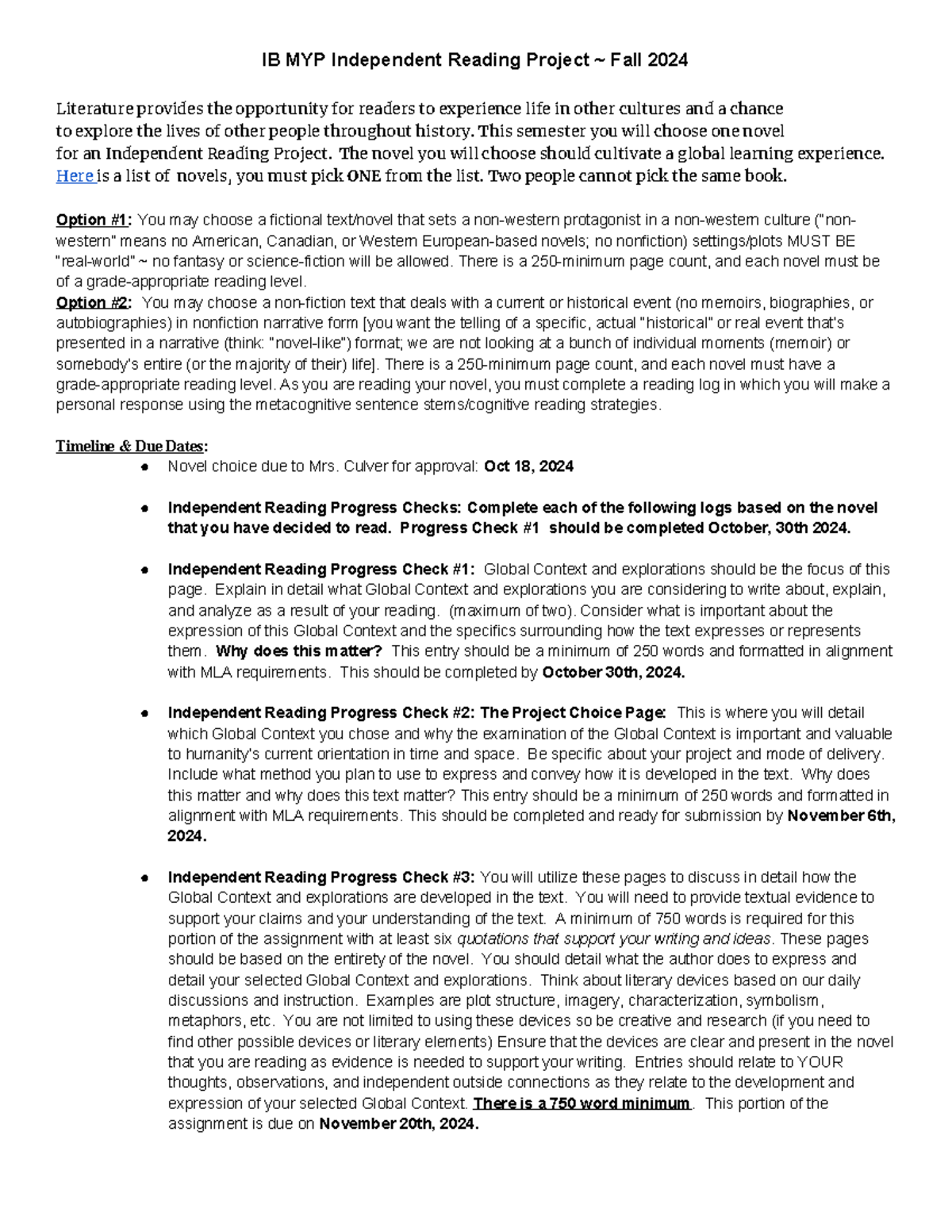 Independent Reading Project ~ Fall 2024 - IB MYP Independent Reading ...