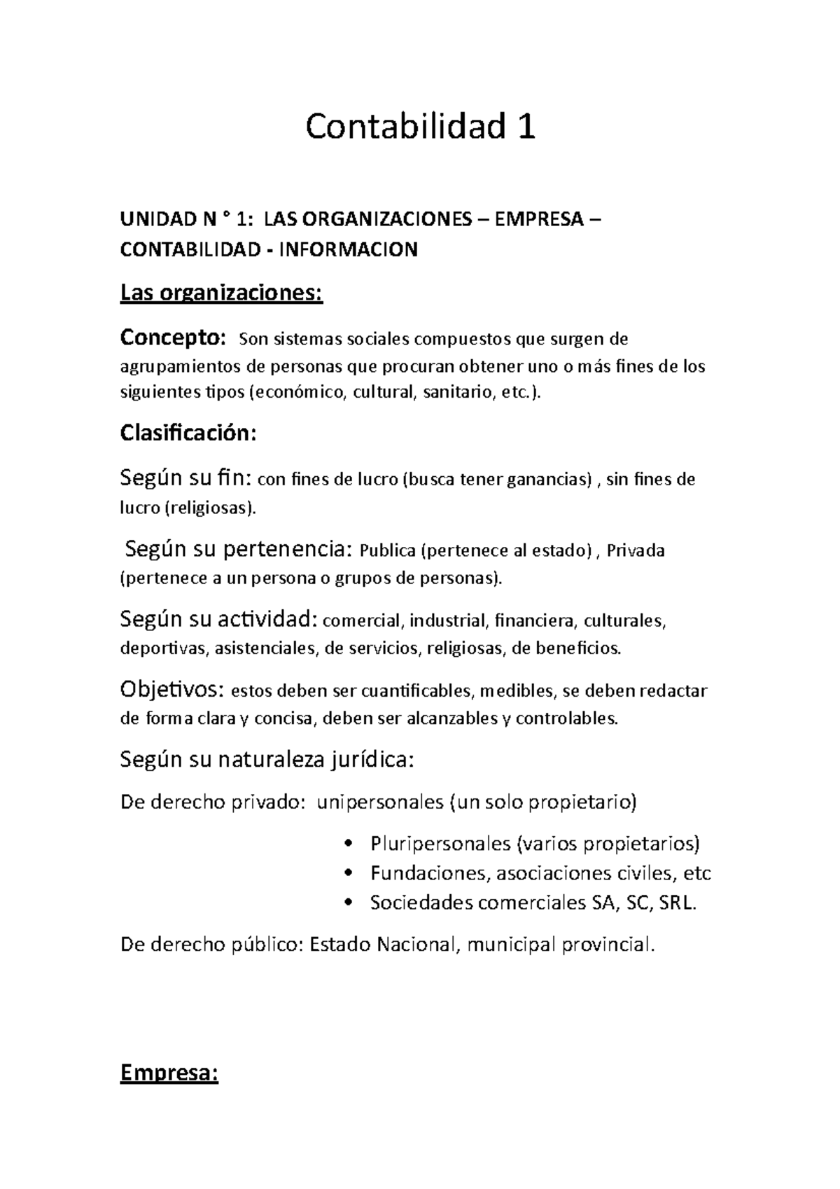 Resumen de Contabilidad I - Contabilidad 1 UNIDAD N ° 1: LAS ORGANIZACIONES – EMPRESA ...
