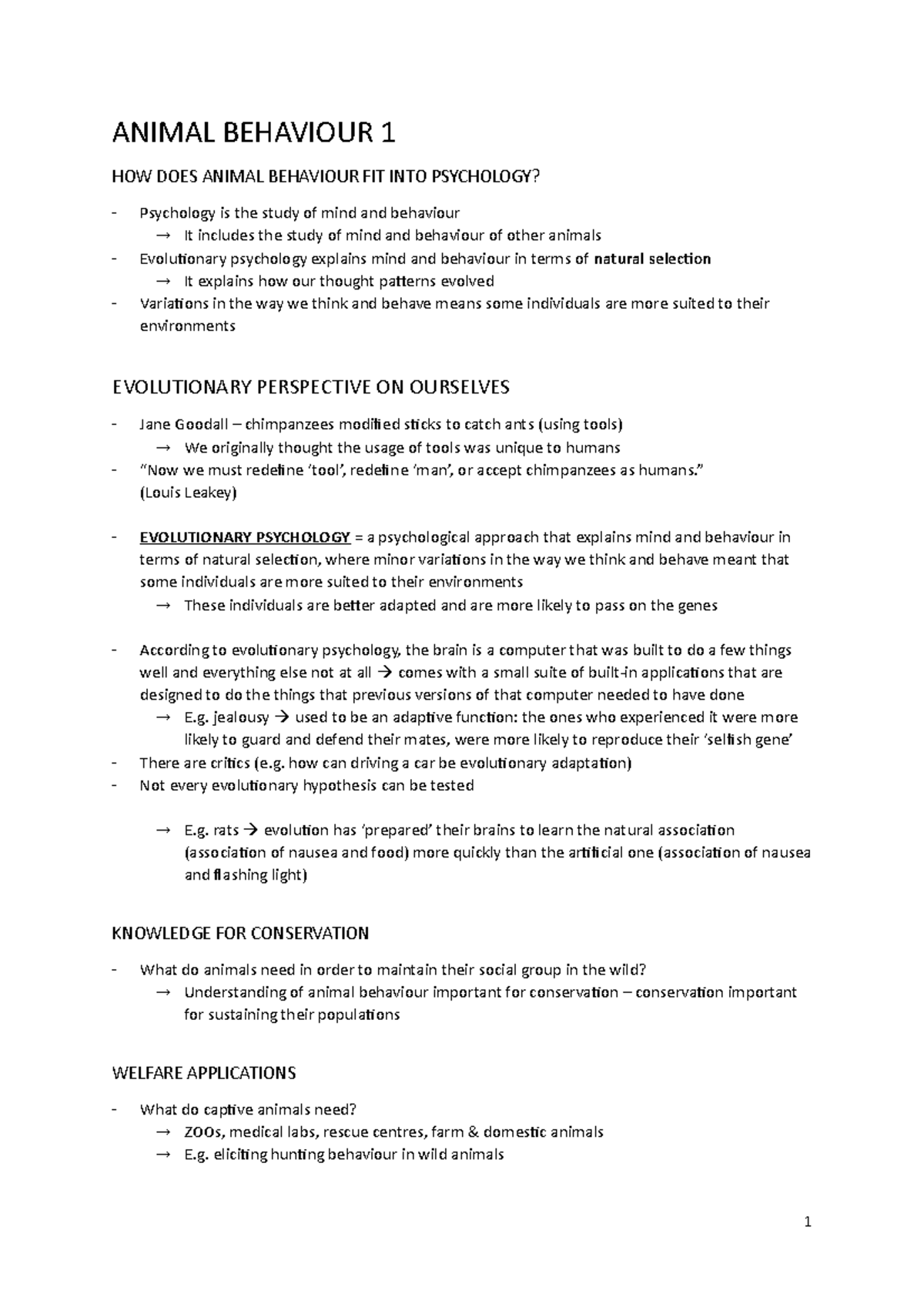 Animal Behaviour 1 - Lecture notes 1 - PSYU912 - Stirling - Studocu