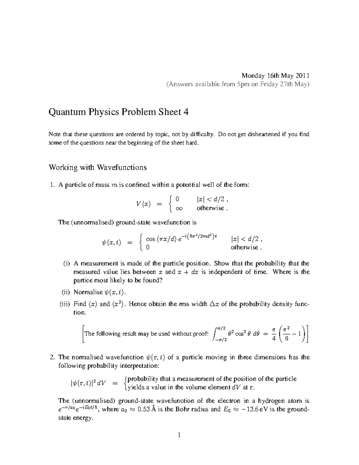 Quantum Physics 2010-2011 Problem Sheet 4 - Monday 16th May 2011 ...