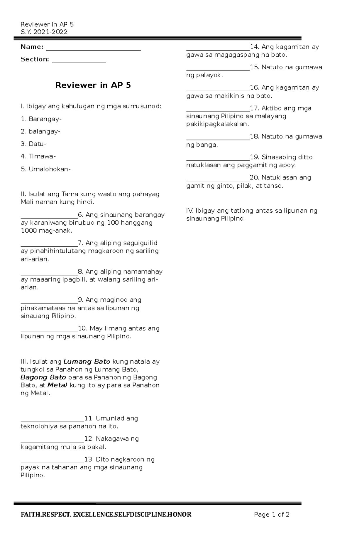 AP5 Reviewer - None - Reviewer in AP 5 S. 2021- Name: ______________________________ Section ...