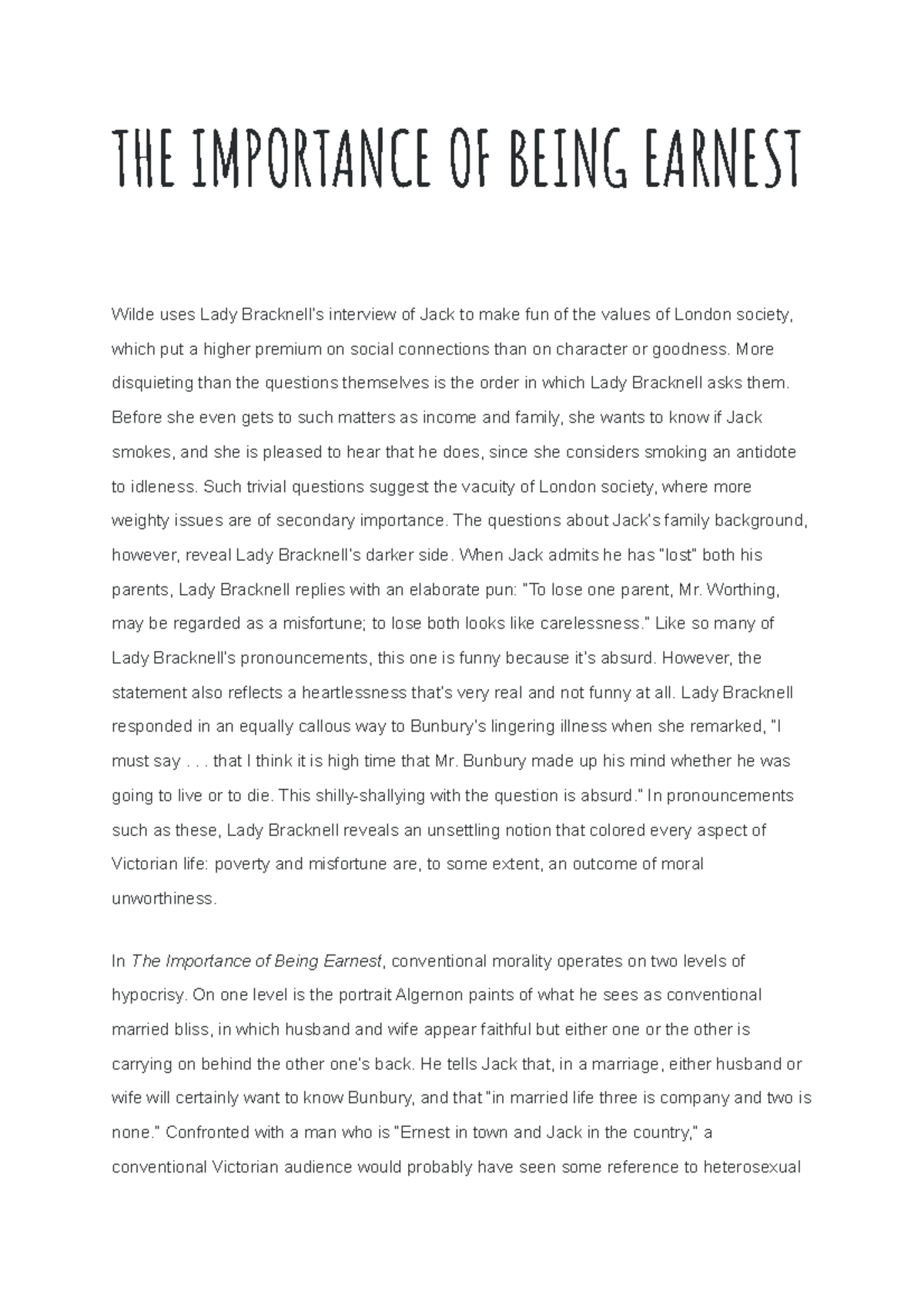 Documento senza titolo - THE IMPORTANCE OF BEING EARNEST Wilde uses ...