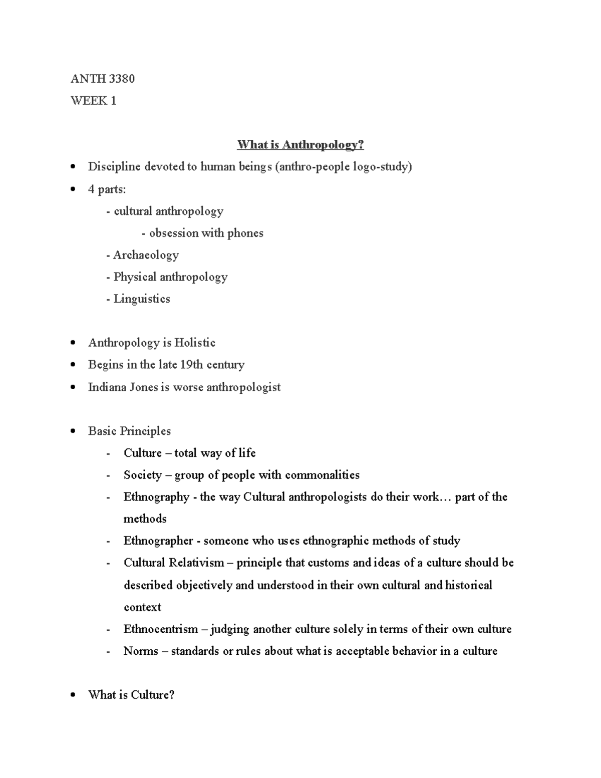 Anth 338 Week 1 Lecture Notes 1 Anth 3380 Week 1 What Is Anthropology Discipline Devoted To