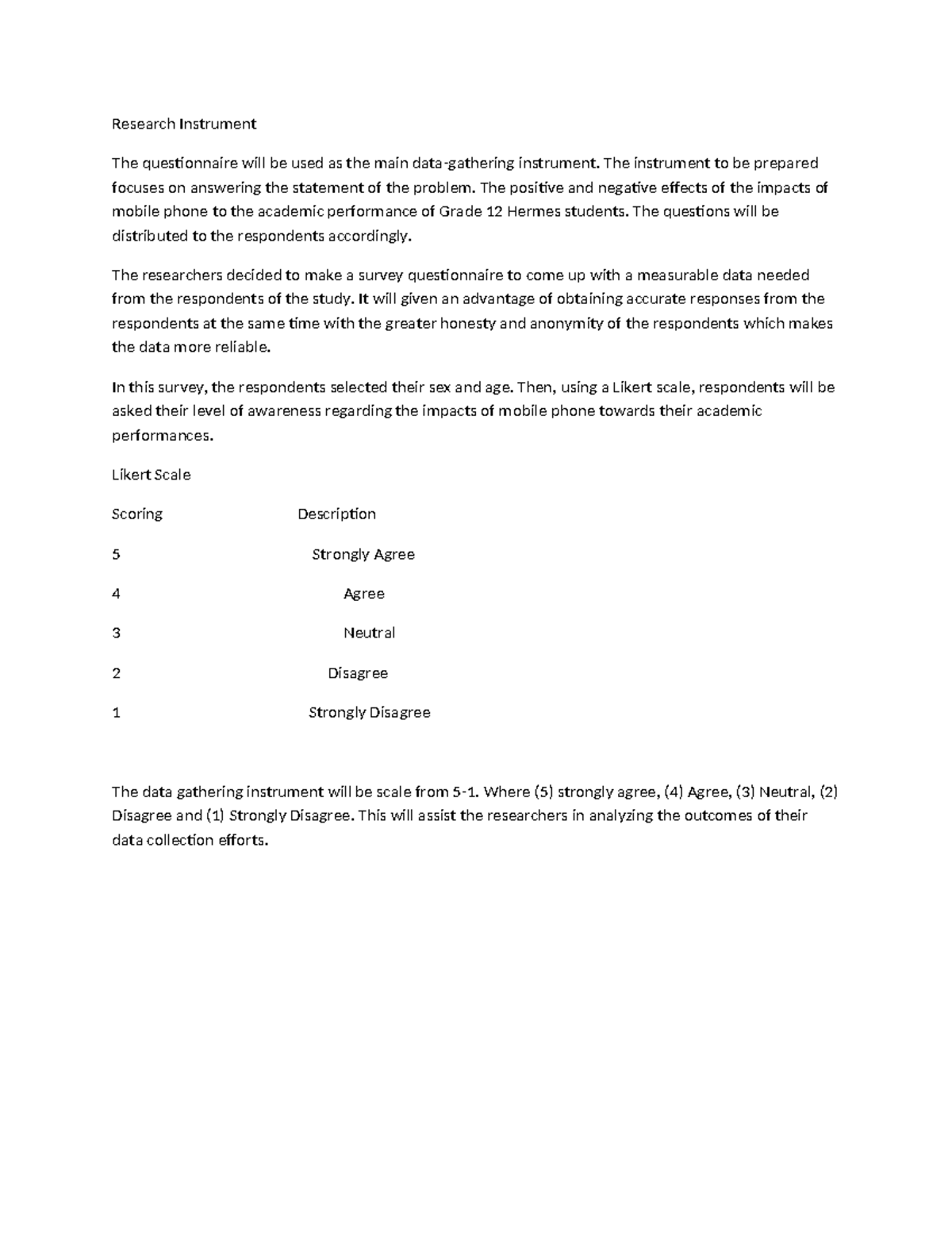 Research Instru-WPS Office - Research Instrument The questionnaire will ...