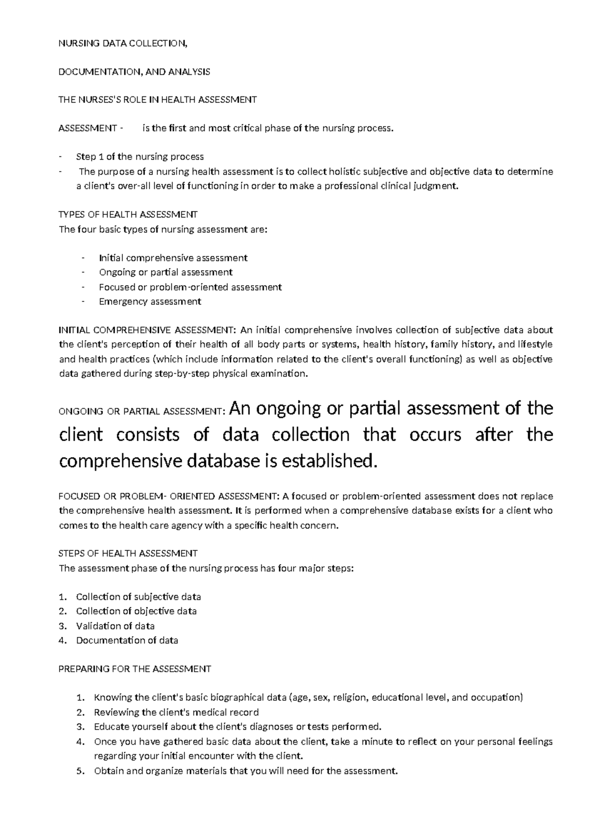 Nursing DATA Collection - NURSING DATA COLLECTION, DOCUMENTATION, AND ...