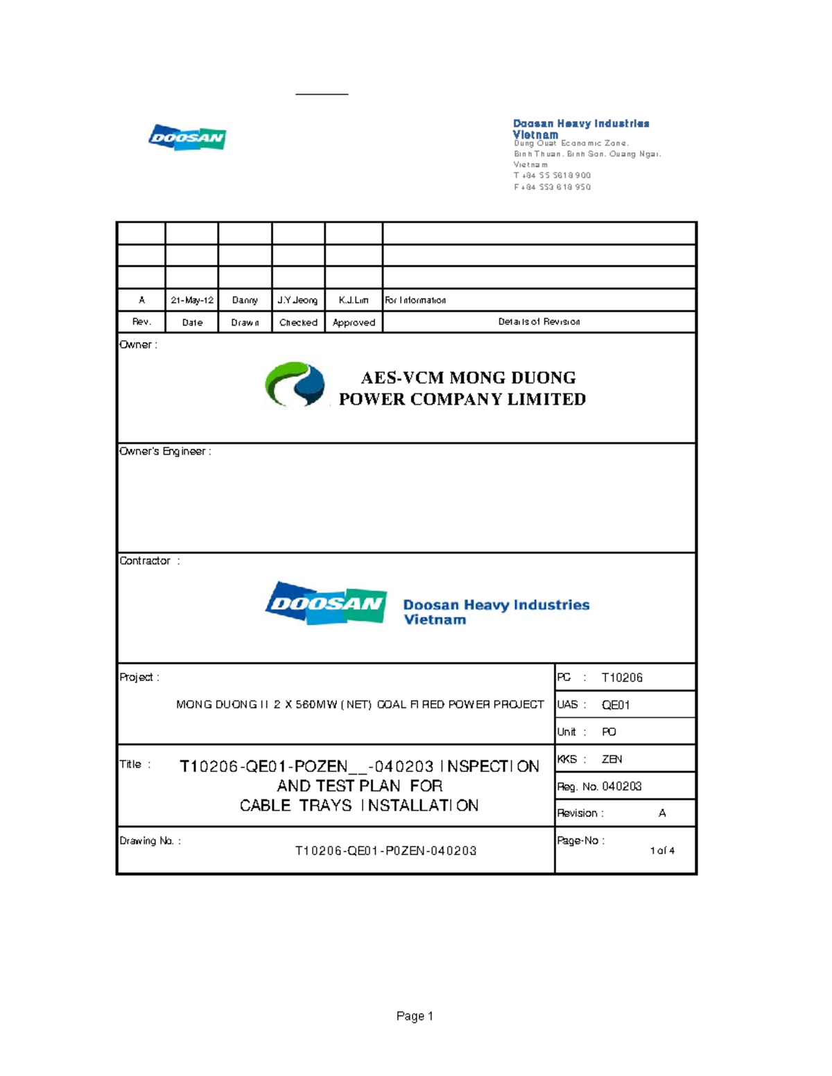 -ITP for Cable Tray Installation - 21-May-12 Danny J.Y K.J Date Draw n ...