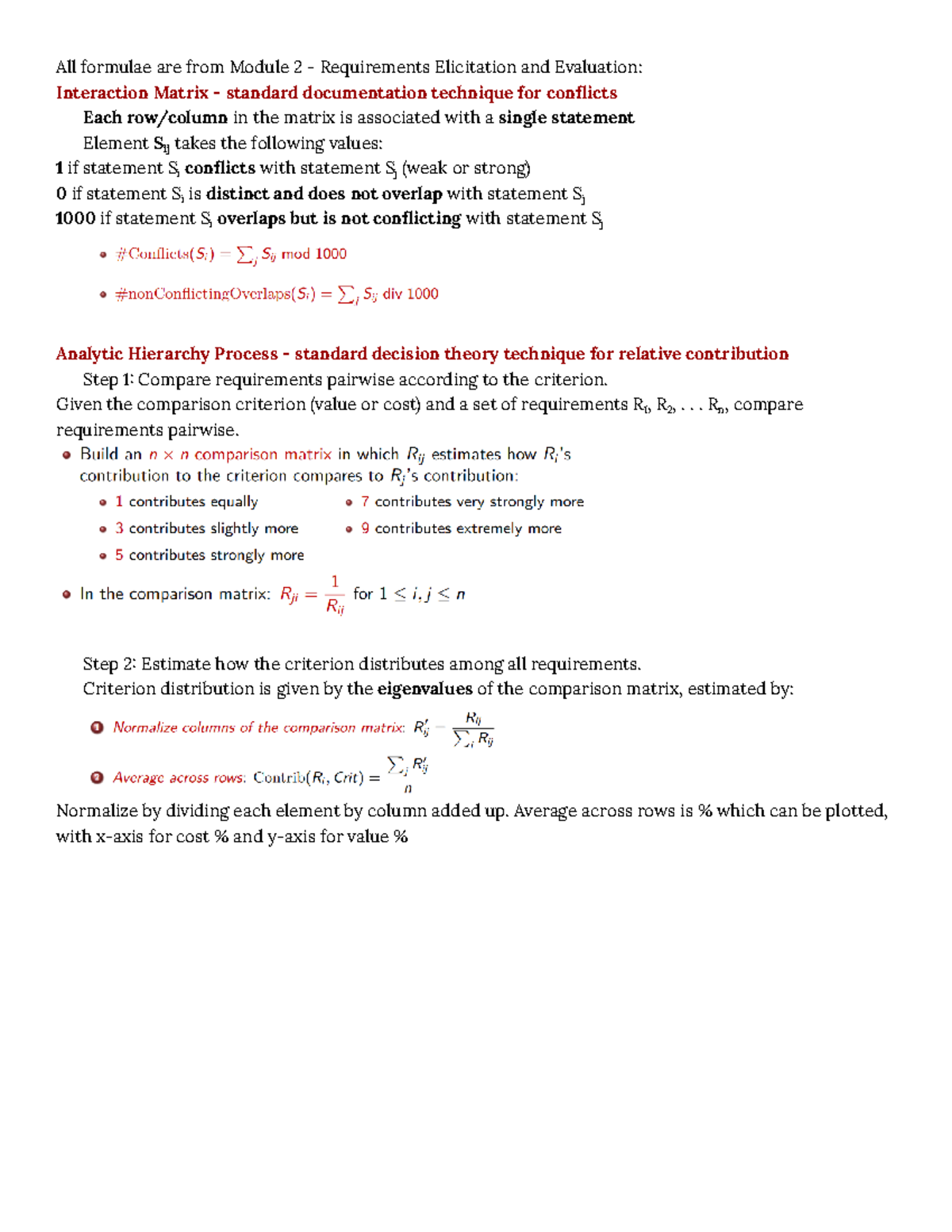 SYSC3120 Formula Sheet - All formulae are from Module 2 - Requirements Elicitation and ...