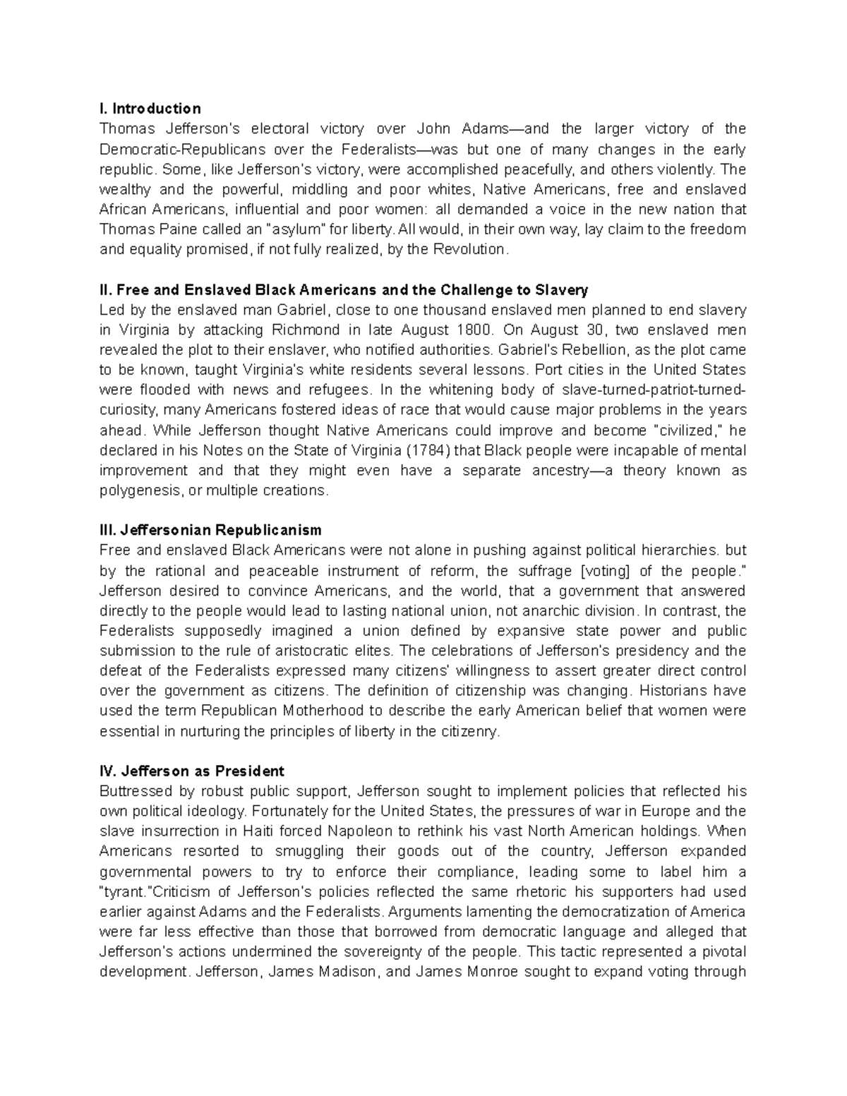 Chapter 7 Notes - I. Introduction Thomas Jefferson’s electoral victory ...