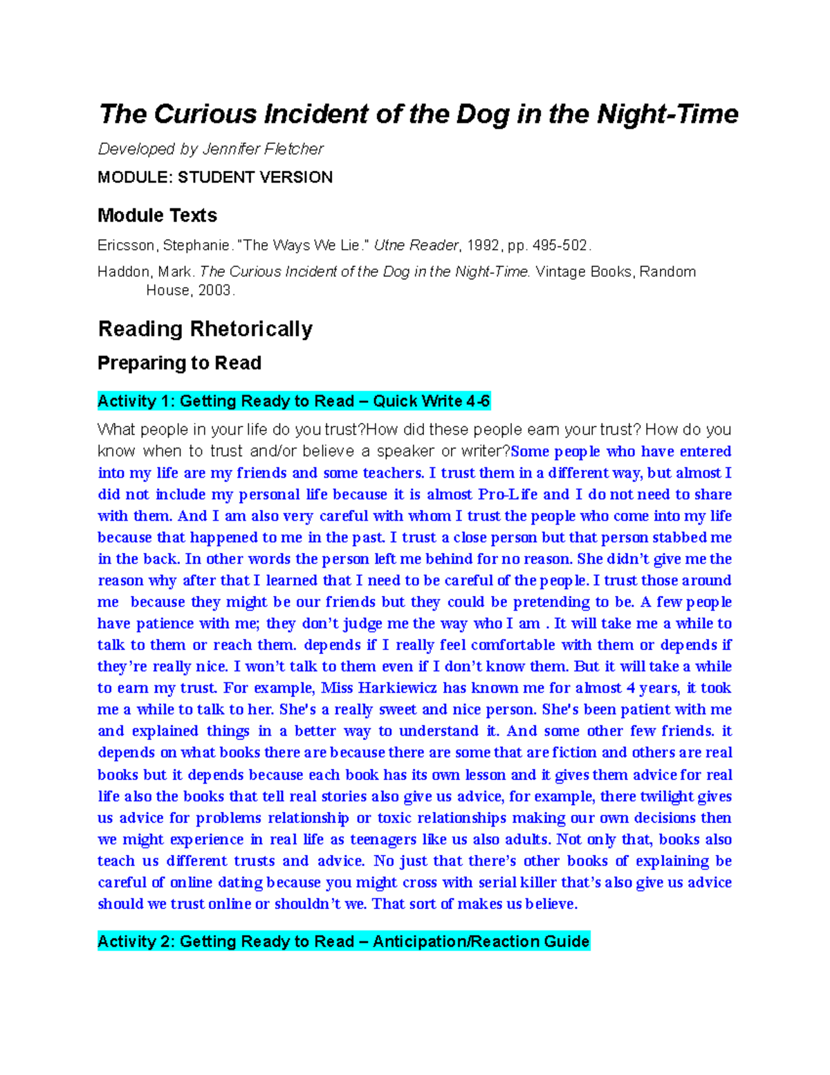 The Curious Incident of the Dog in the Night-Time - Student Activities ...