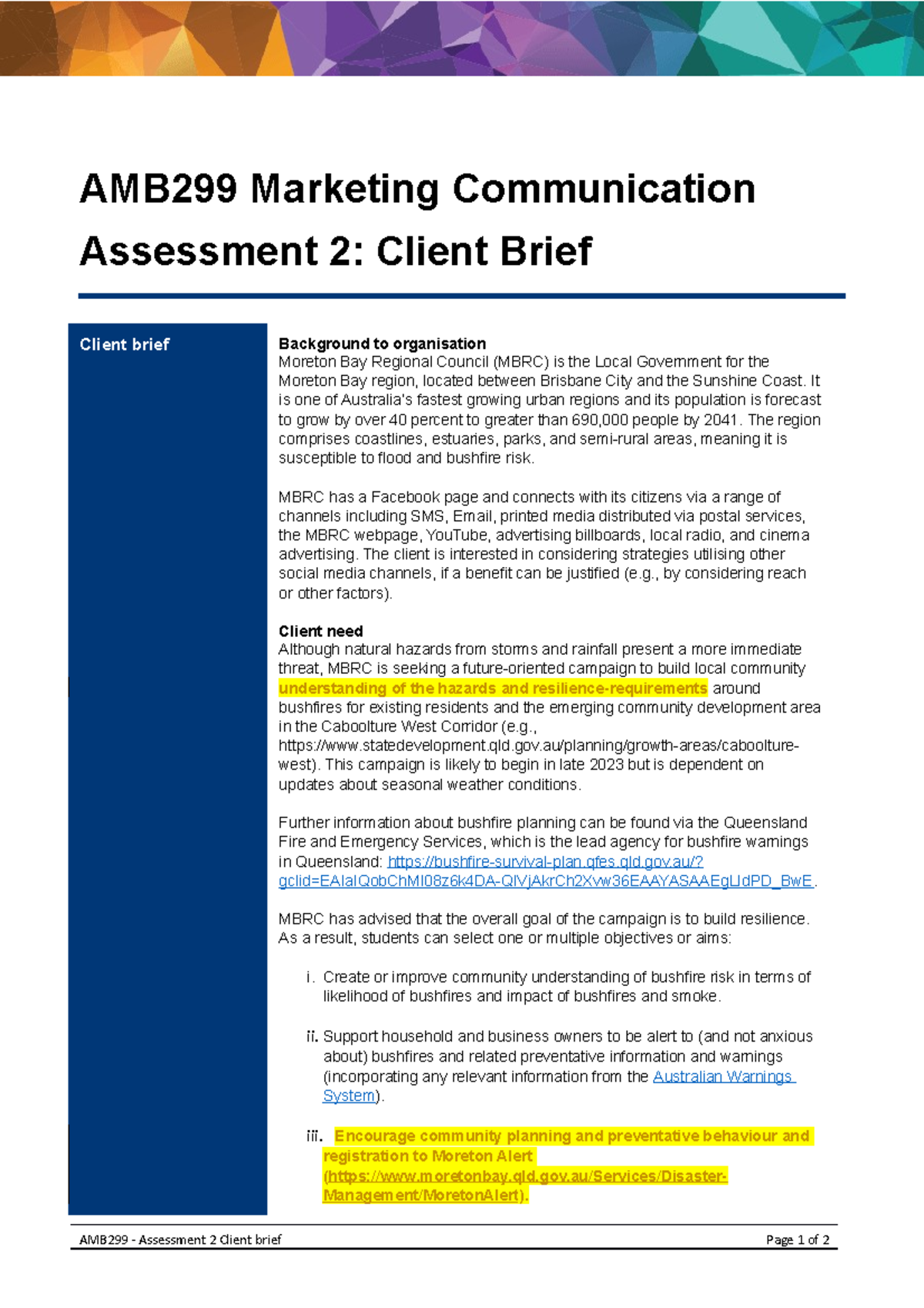 MBRC client brief - AMB299 Marketing Communication Assessment 2: Client ...