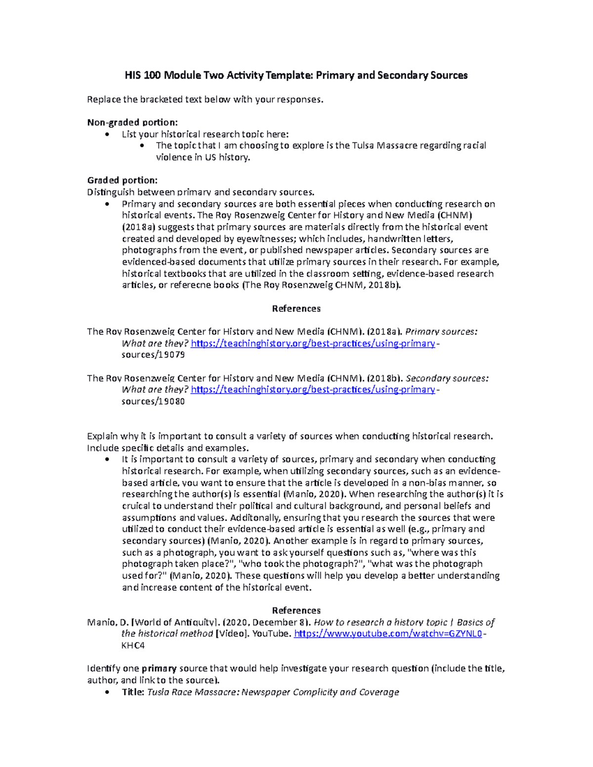 Module Activity Sources - HIS 100 Module Two Activity Template: Primary ...