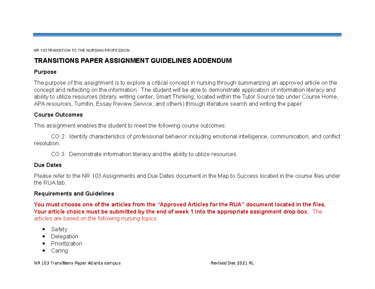Rua - Now - NR 103 TRANSITION TO THE NURSING PROFESSION TRANSITIONS ...