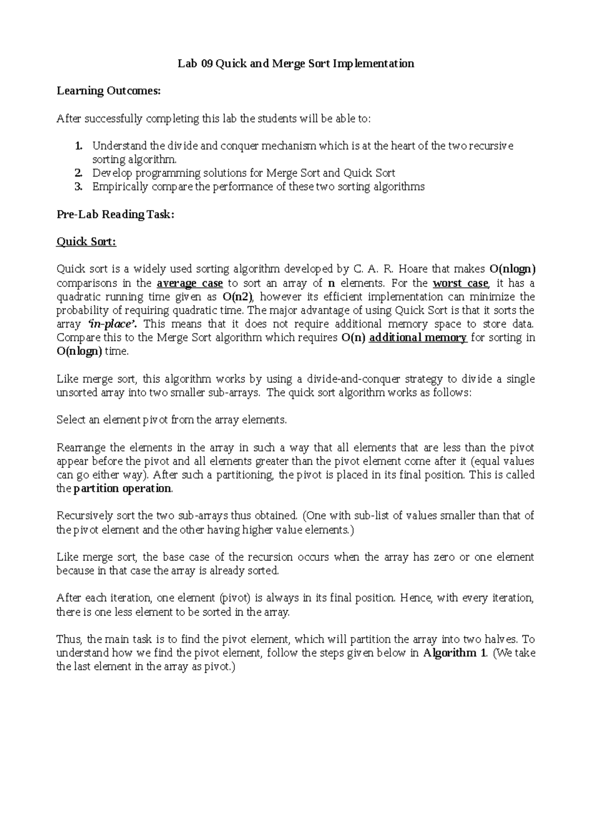 Lab 09 Merge and Quick Sort Implementation - Lab 09 Quick and Merge Sort Implementation Learning ...
