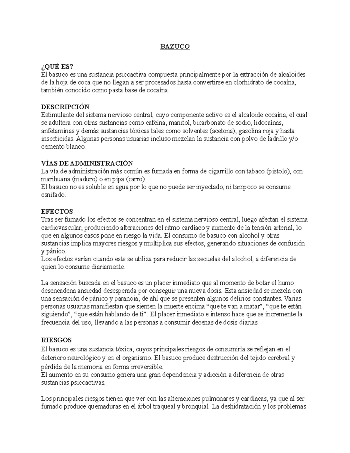 Bazuco - INFORMACIÓN DE LAS SUSTANCIAS PSICOACTIVAS - BAZUCO ¿QUÉ ES ...